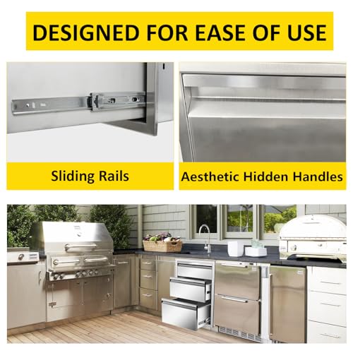 SGOLAN Outdoor Kitchen Drawers 18" W x 23" H x 23" D Flush Mount Triple BBQ Drawers with Hidden Handle Stainless Steel Drawer for Outdoor Kitchen Island, Patio Grill Station