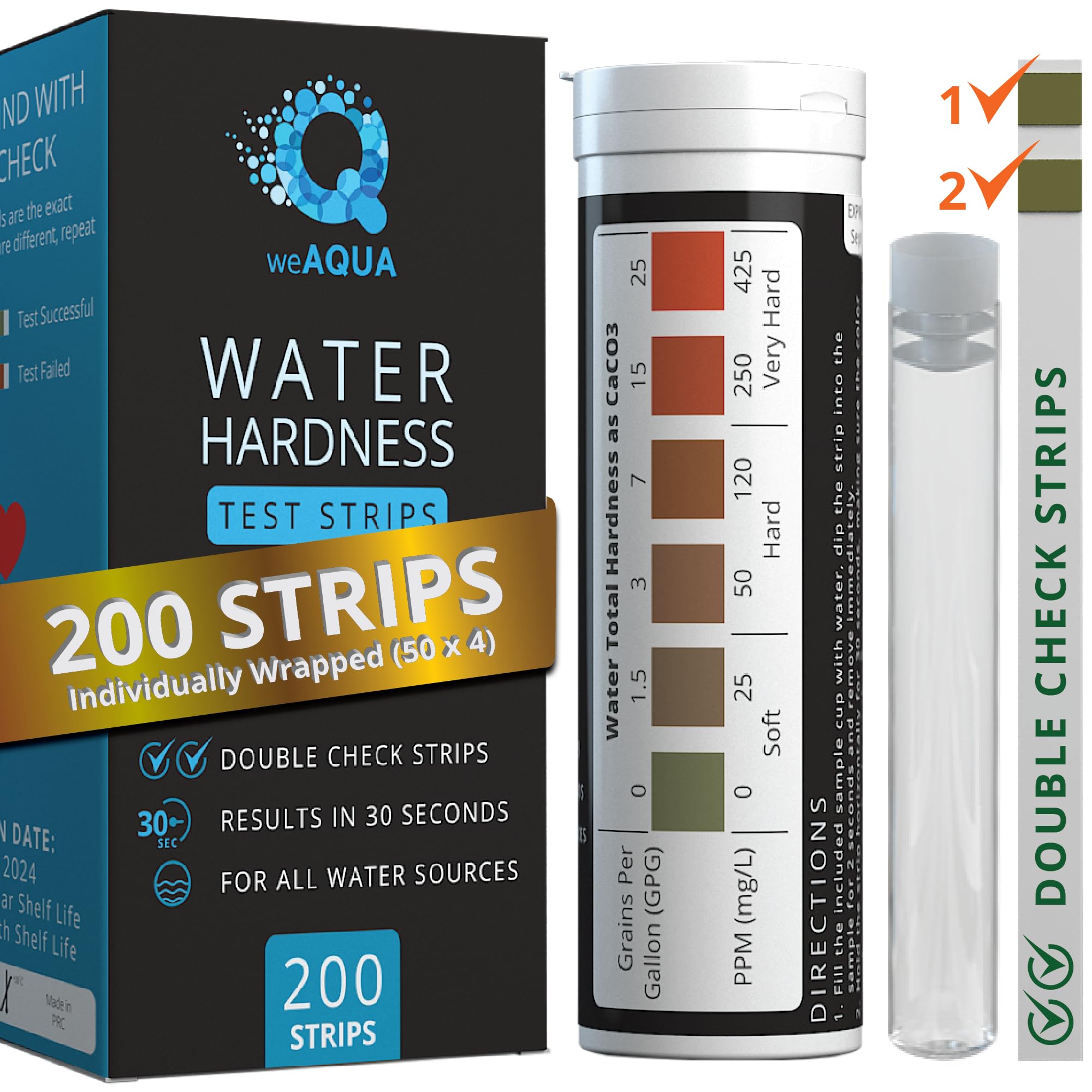 Weaqua Water Hardness Test Kit - DoubleCheck200 Strips with Sample Cup - Hard Water Testing Kit