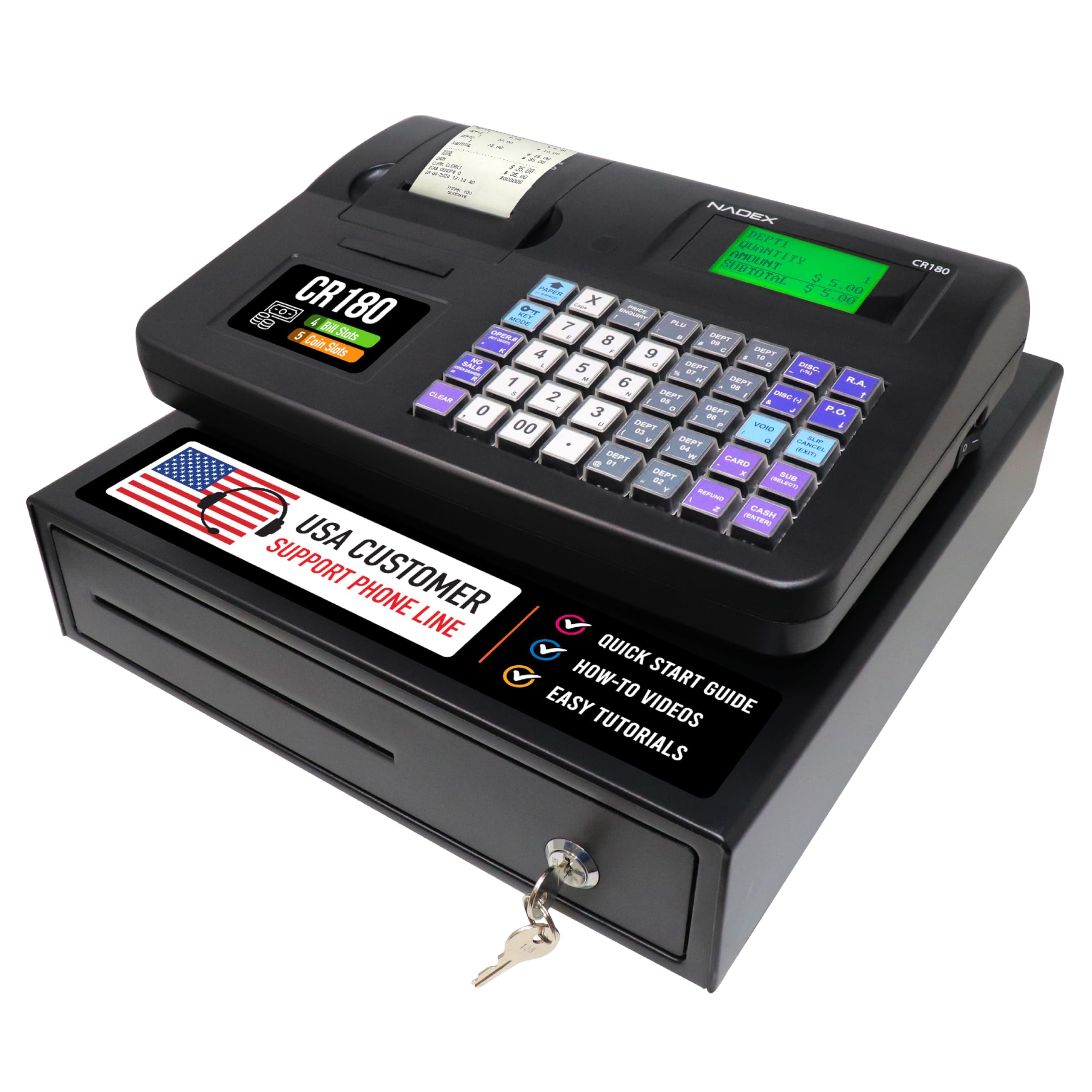 Nadex CR180 Electronic Cash Register, Steel Cash Drawer, Compact Design, Black