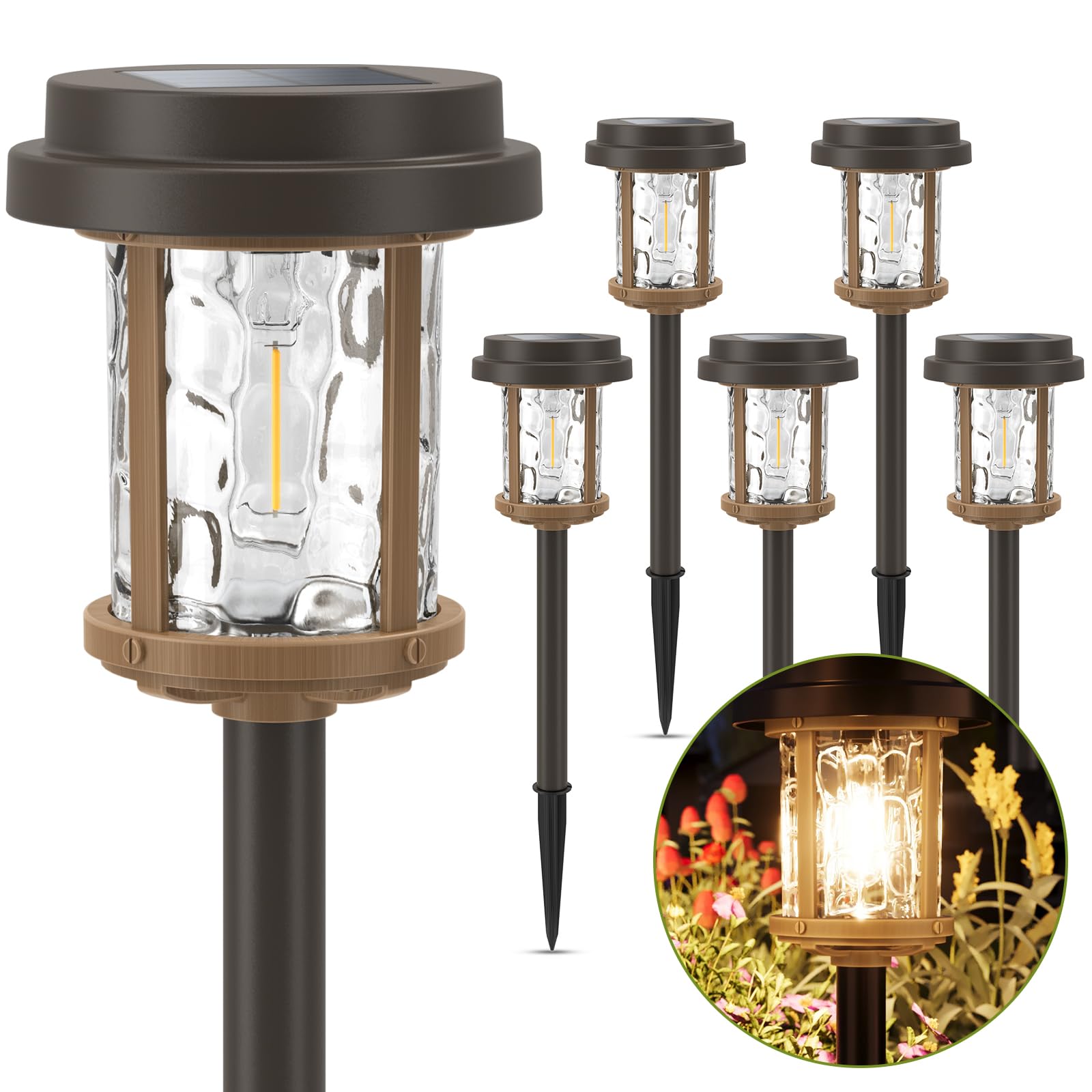 XMCOSY+ Solar Lights Outdoor, 6 Pack Pathway Lights Solar Powered, 20 LM LED Glass Outside Light, IP65 Waterproof Lighting for Garden Yard Landscape Driveway Walkway (Warm White)
