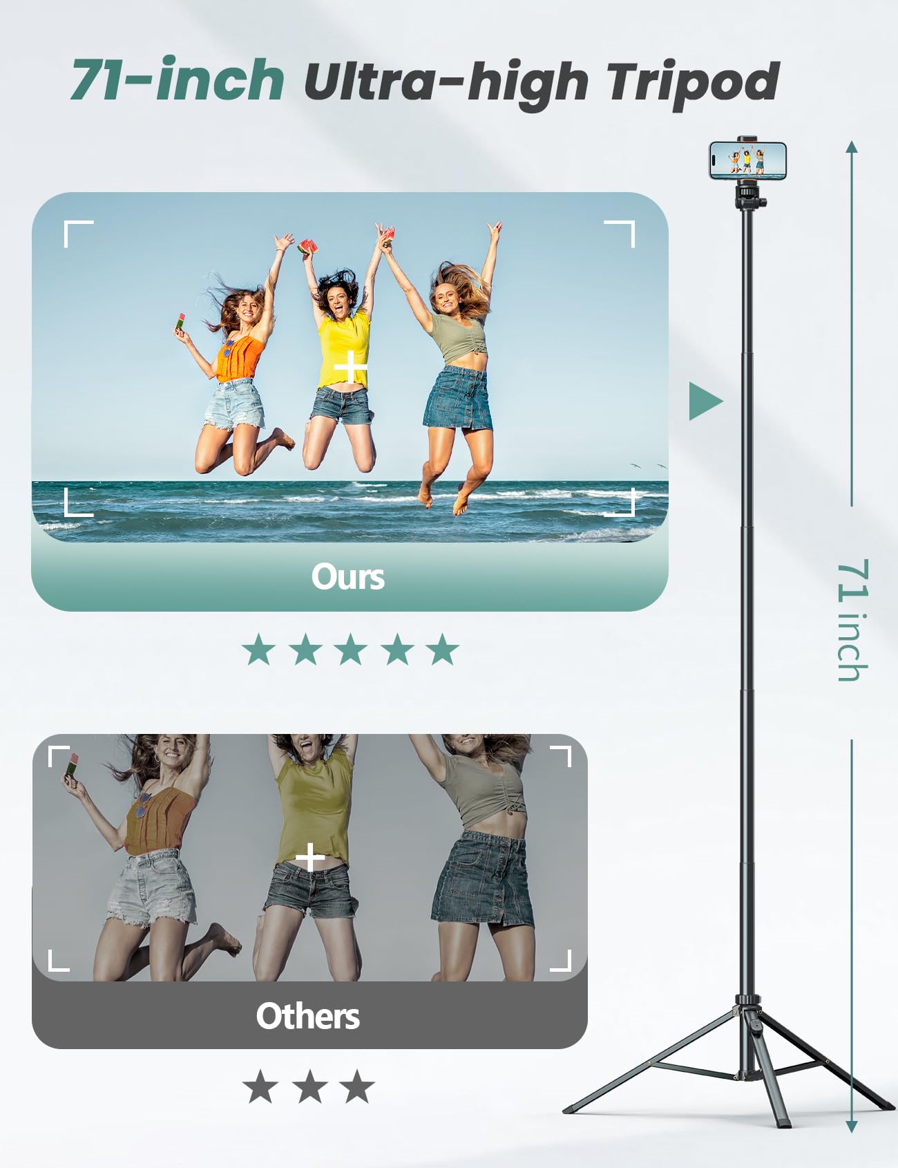 71'' Phone Tripod & Selfie Stick, Tripod for iPhone with Detachable Remote, Portable Phone Tripod Stand for Video Recording, Travel Tripod for Cell Phone, Compatible with Smartphones, DSLR