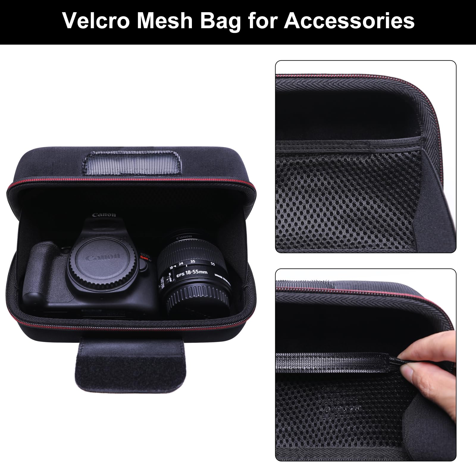 Camera Case for Canon EOS Rebel R100 / R50 / T7 / R5 / R6 Mark II / R7 / R8 / 90D / 5D Mark IV, Sony, Nikon DSLR SLR Camera, 18-55mm Lens, SD Card, Battery and Cable with Shoulder Strap, Black