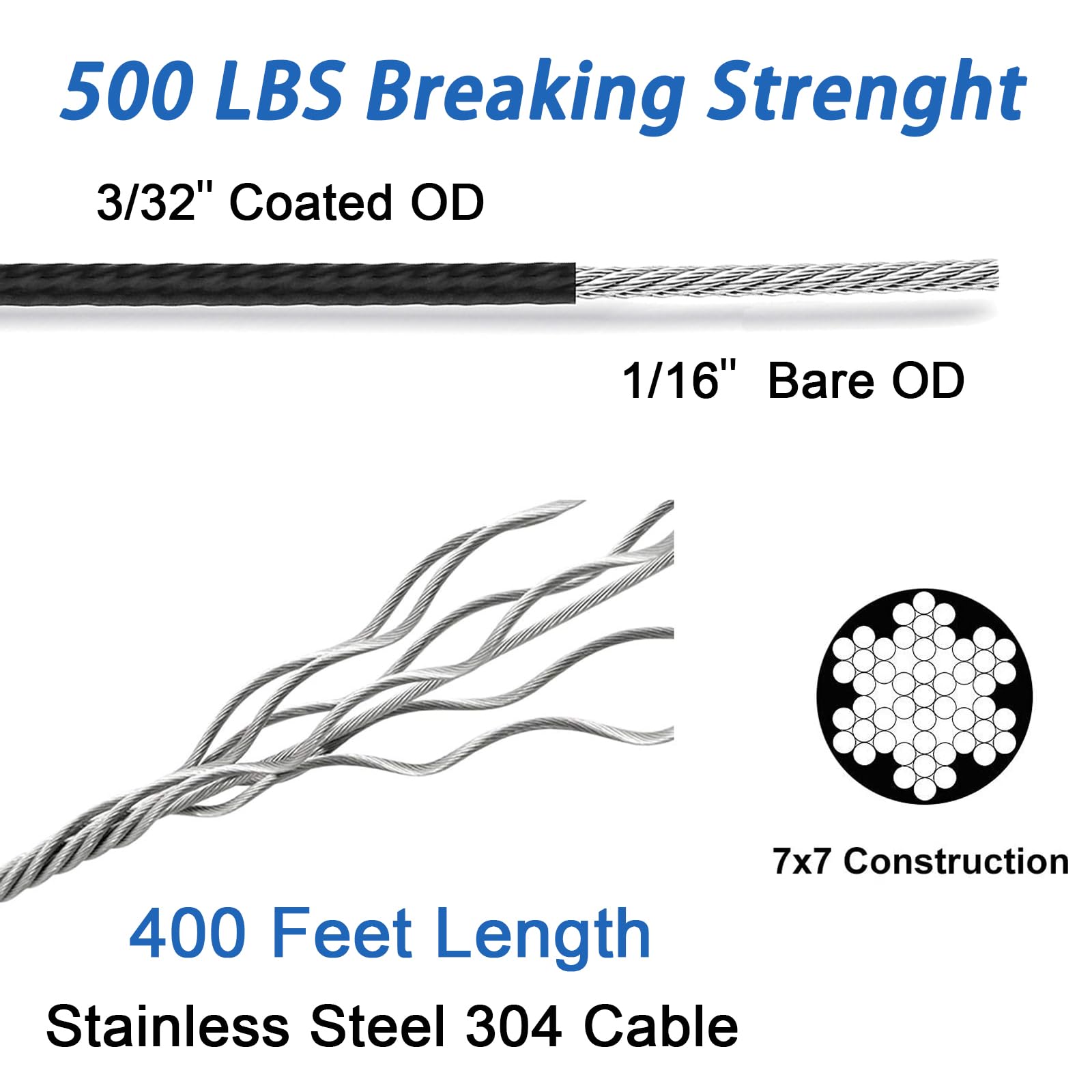String Light Hanging Kit with 400FT Vinyl Coated 304 Stainless Steel Wire Rope, Globe String Light Suspension Kit, Outdoor Light Guide Wire Kit Included Turnbuckles, Enough Accessories, Use Manual