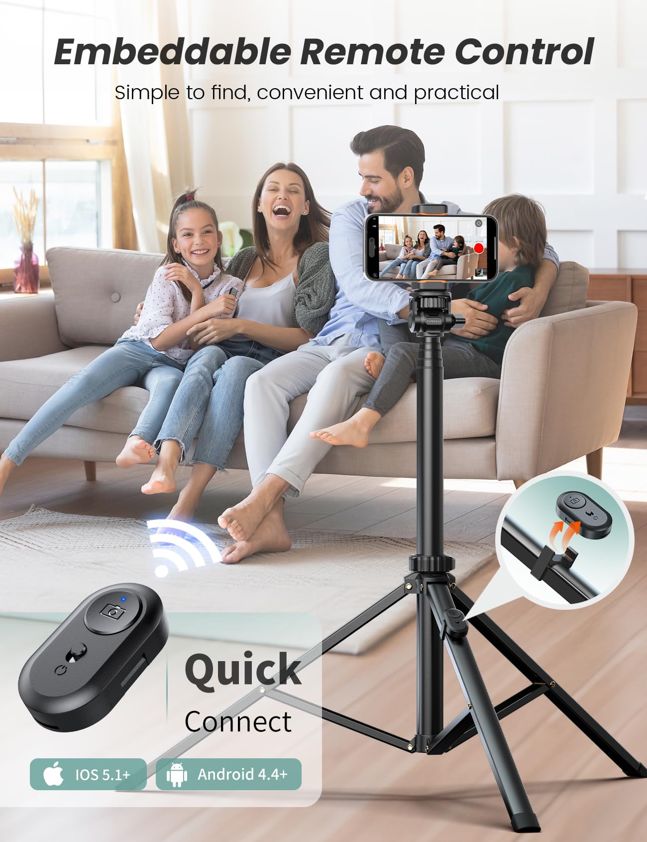 71'' Phone Tripod & Selfie Stick, Tripod for iPhone with Detachable Remote, Portable Phone Tripod Stand for Video Recording, Travel Tripod for Cell Phone, Compatible with Smartphones, DSLR
