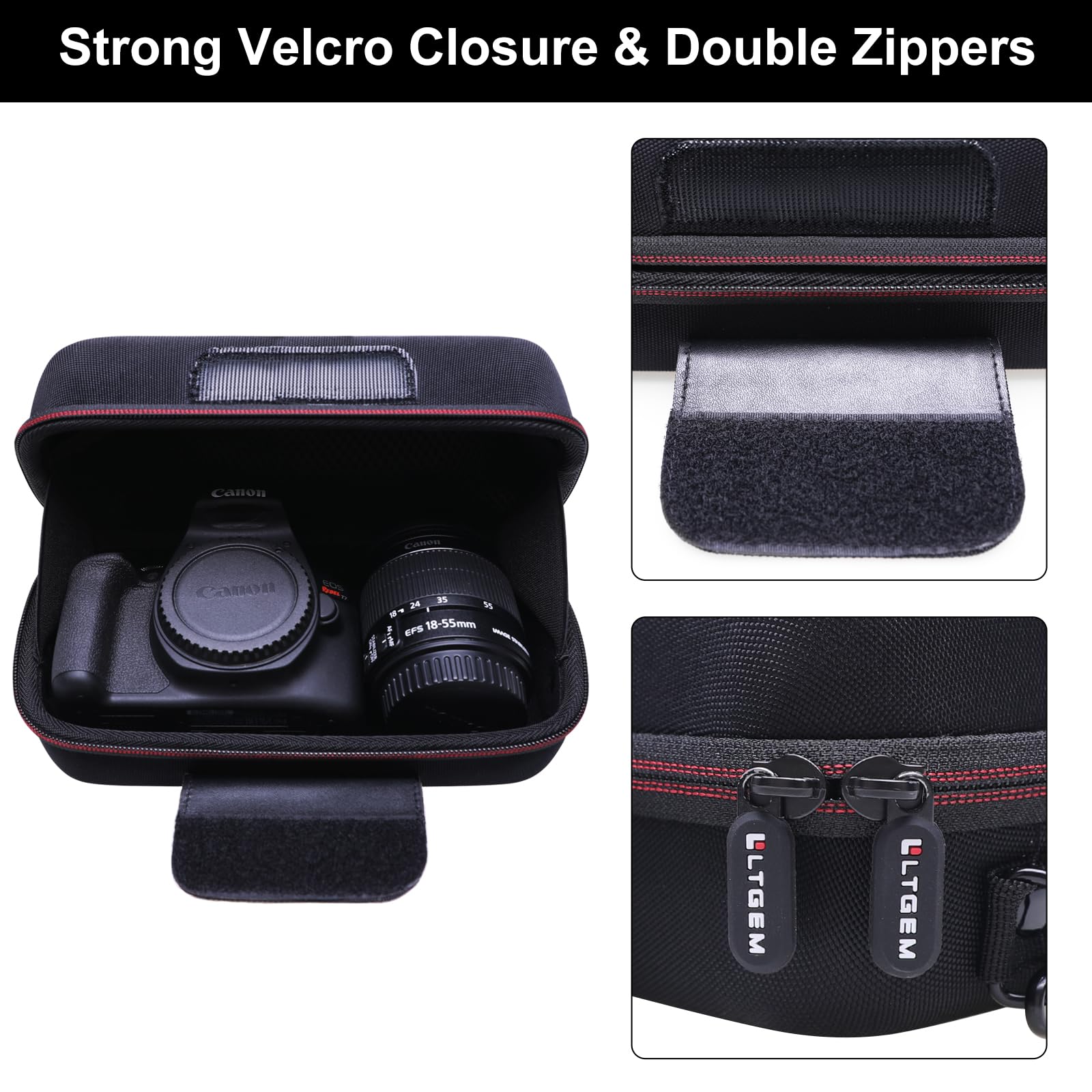 Camera Case for Canon EOS Rebel R100 / R50 / T7 / R5 / R6 Mark II / R7 / R8 / 90D / 5D Mark IV, Sony, Nikon DSLR SLR Camera, 18-55mm Lens, SD Card, Battery and Cable with Shoulder Strap, Black