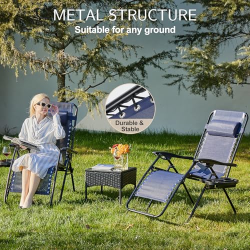 Sweetcrispy Zero Gravity Chairs, Set of 2 Portable Recliner Beach Camping Patio Outdoor Folding Lounge Chair with Cup Holder Trays and Adjustable Pillow for Poolside, Garden, Backyard, Lawn (Blue)