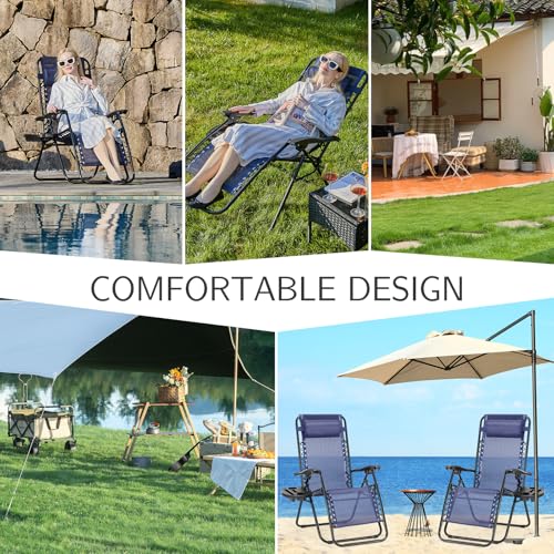 Sweetcrispy Zero Gravity Chairs, Set of 2 Portable Recliner Beach Camping Patio Outdoor Folding Lounge Chair with Cup Holder Trays and Adjustable Pillow for Poolside, Garden, Backyard, Lawn (Blue)