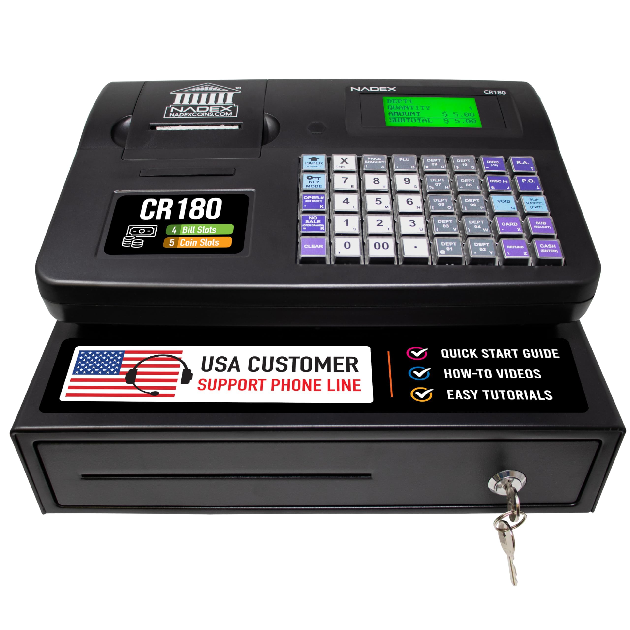 Nadex CR180 Electronic Cash Register, Steel Cash Drawer, Compact Design, Black