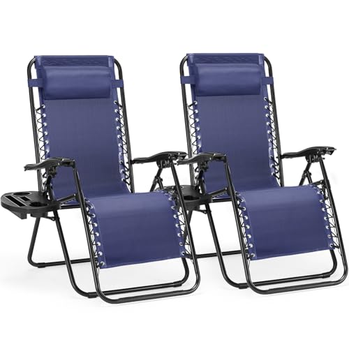 Sweetcrispy Zero Gravity Chairs, Set of 2 Portable Recliner Beach Camping Patio Outdoor Folding Lounge Chair with Cup Holder Trays and Adjustable Pillow for Poolside, Garden, Backyard, Lawn (Blue)