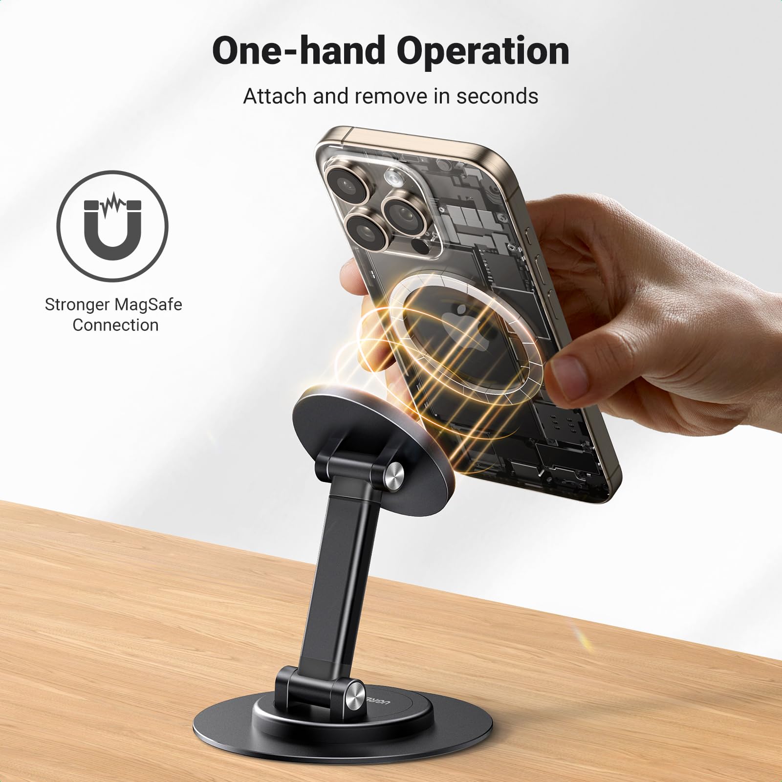 UGREEN Magnetic Phone Stand for MagSafe, Height Adjustable iPhone Stand for Desk with 360° Rotation Compatible for iPhone 16 15 Pro Max 14 Pro 13 12 and MagSafe Case, Black