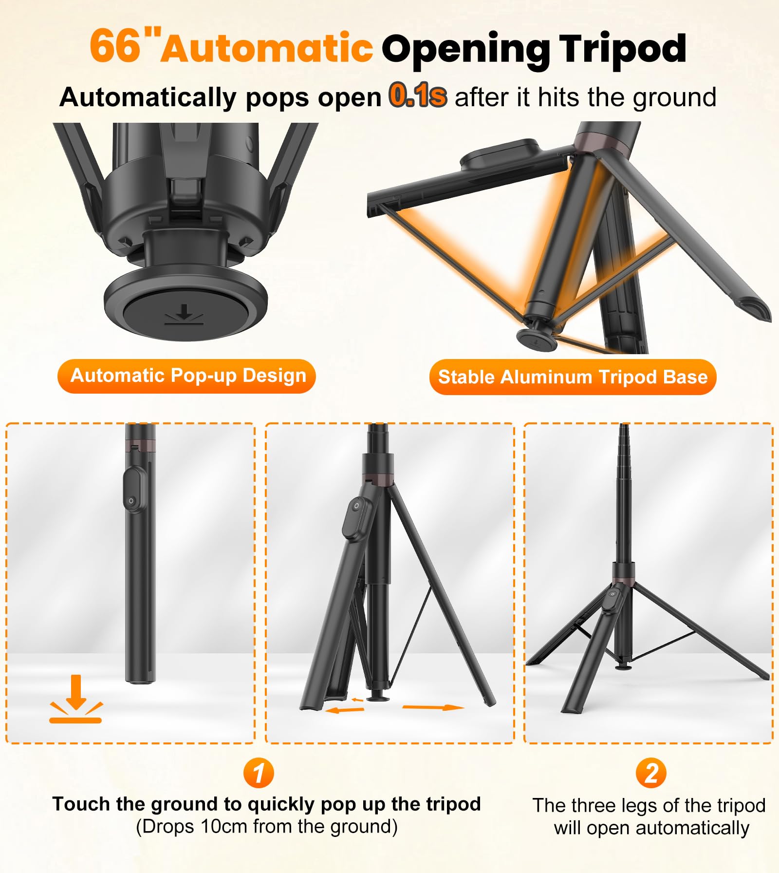 TONEOF 66" Automatic Phone Tripod with Magnetic Rechargable Remote,Selfie Stick 360° Vertical & Horizontal Rotatable,Stable for iPhone/Android(Black)