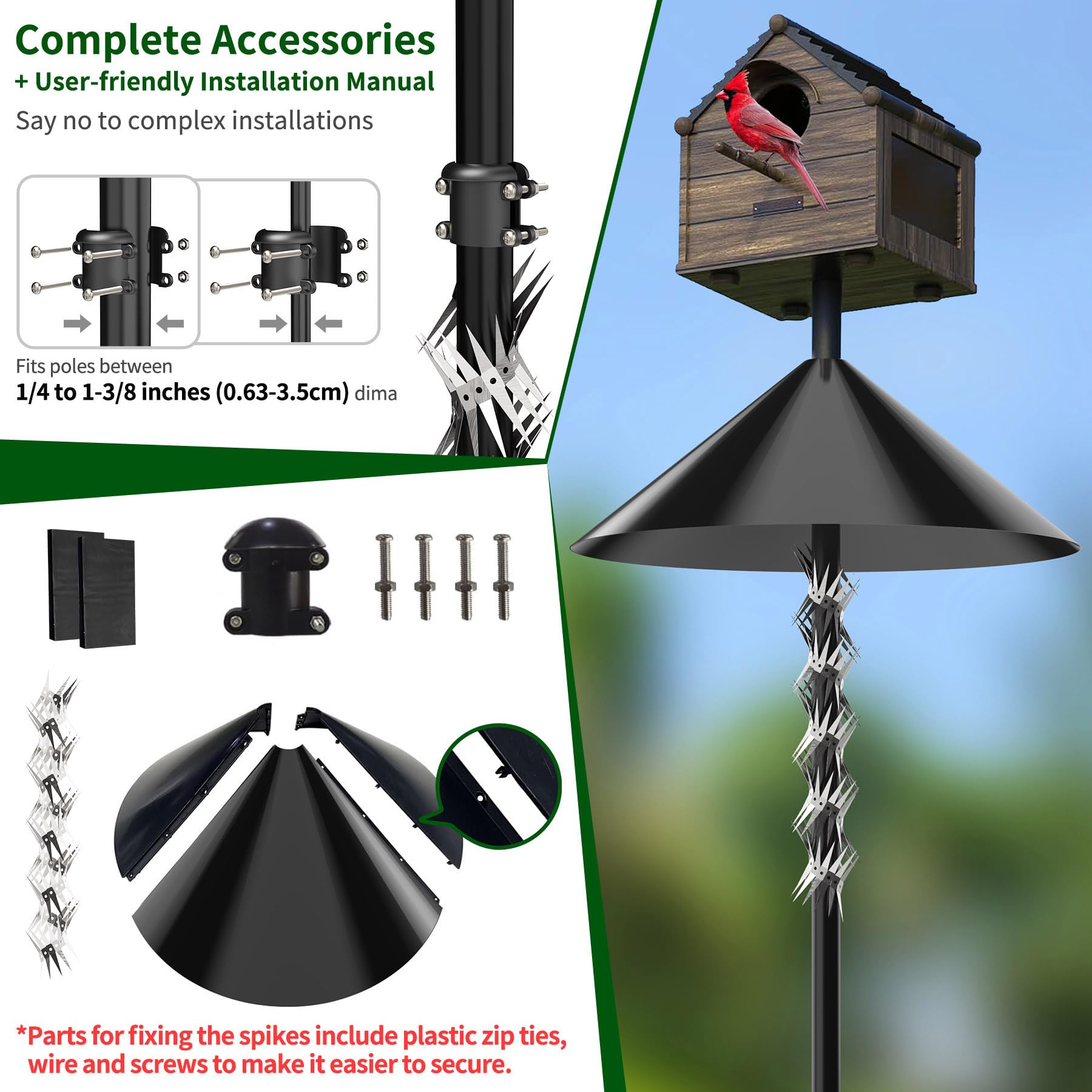 HQBRO 19 Inch 2 IN 1 Squirrel Baffle for Bird Feeder Pole Shepherd's Hook, Raccoons Buster Set with Spikes L 40", Bird House Guard for Outdoor Poles Mount & Hanging Cone,Rust Chew Proof Heavy Duty ABS
