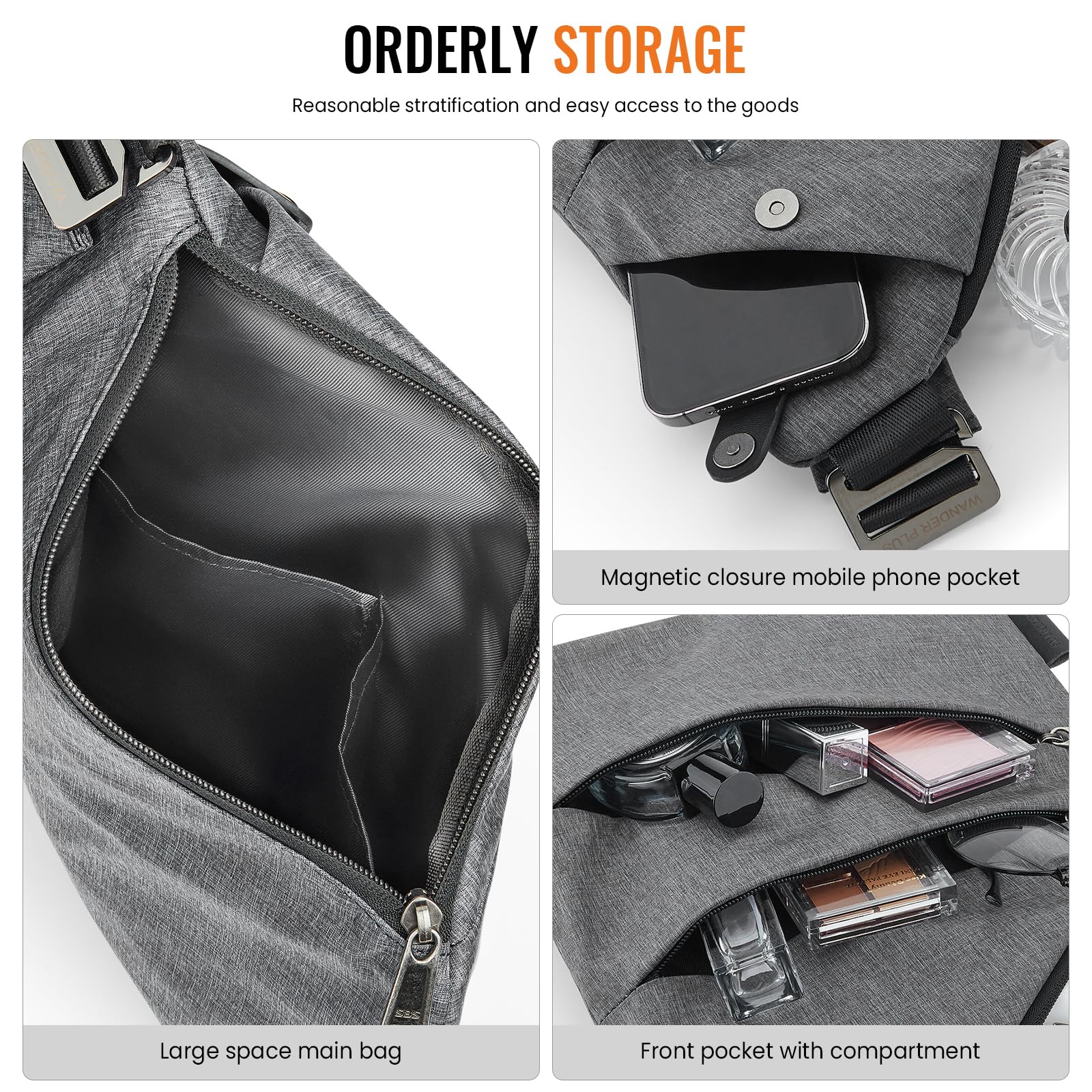 WANDER PLUS Anti Theft Crossbody Bag, Shoulder Bag Anti-theft Design for Travel, Sport, Work, Grey