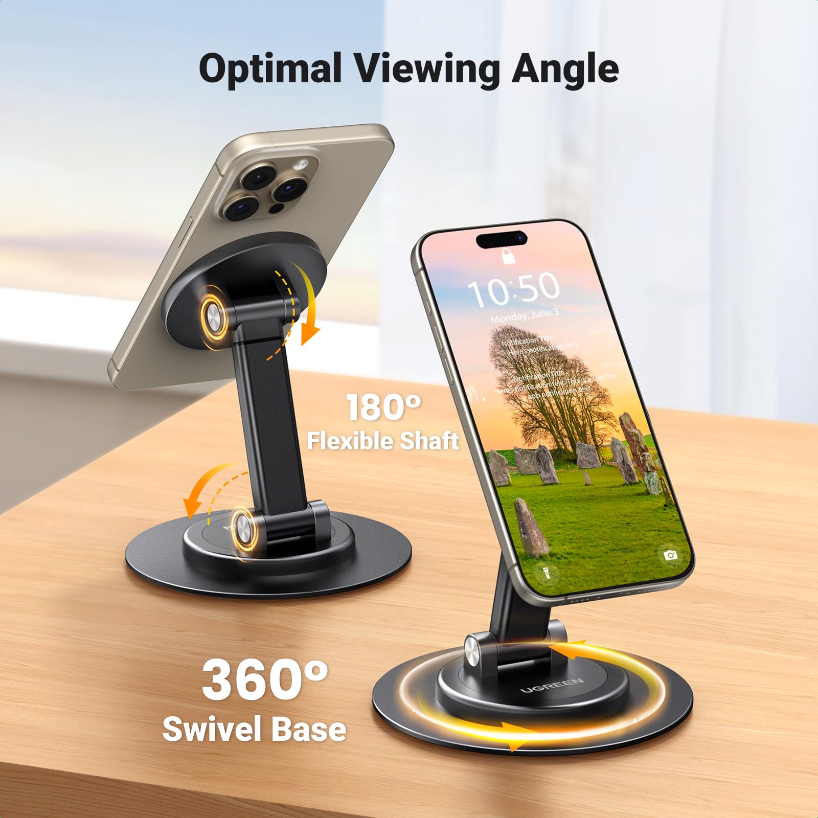 UGREEN Magnetic Phone Stand for MagSafe, Height Adjustable iPhone Stand for Desk with 360° Rotation Compatible for iPhone 16 15 Pro Max 14 Pro 13 12 and MagSafe Case, Black