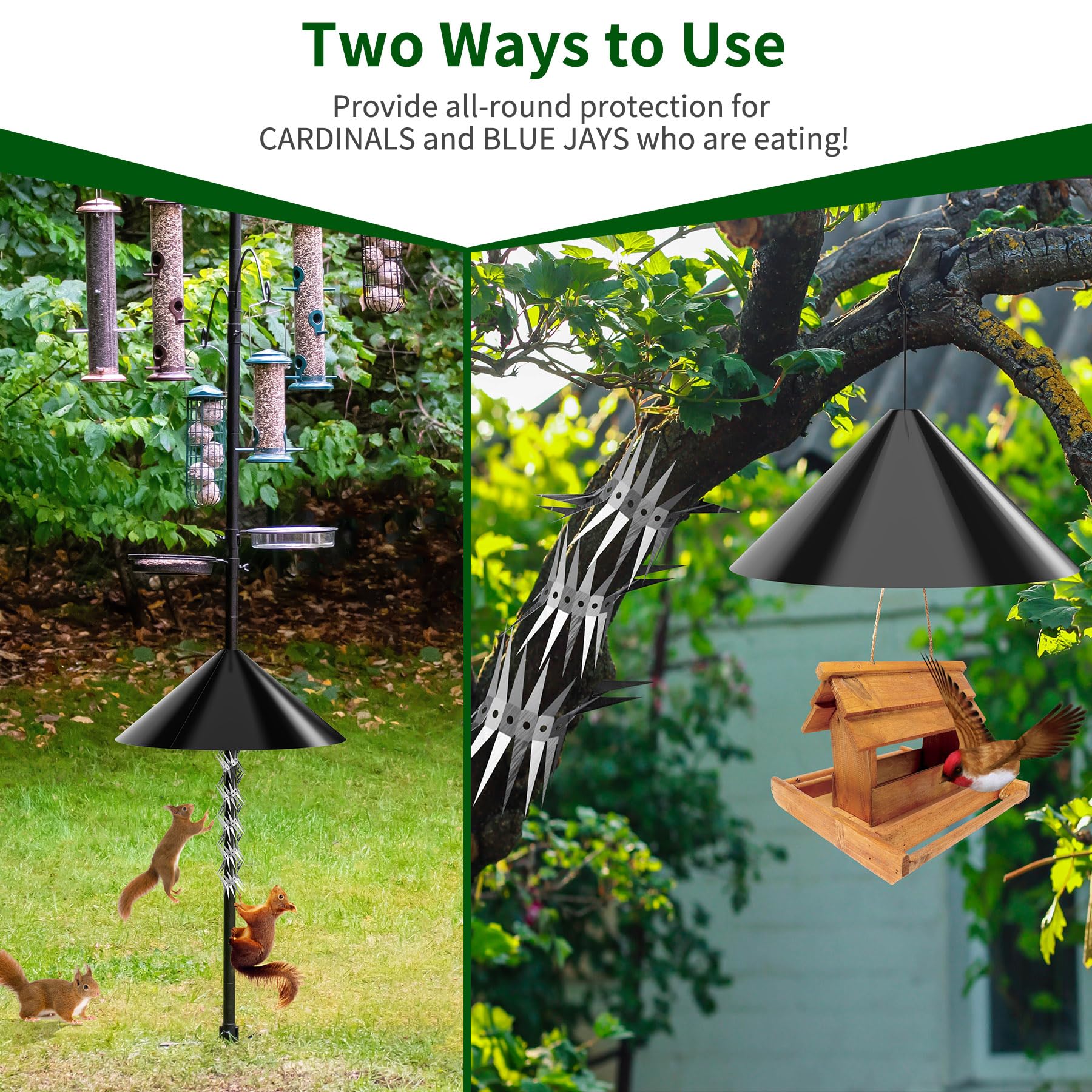 HQBRO 19 Inch 2 IN 1 Squirrel Baffle for Bird Feeder Pole Shepherd's Hook, Raccoons Buster Set with Spikes L 40", Bird House Guard for Outdoor Poles Mount & Hanging Cone,Rust Chew Proof Heavy Duty ABS