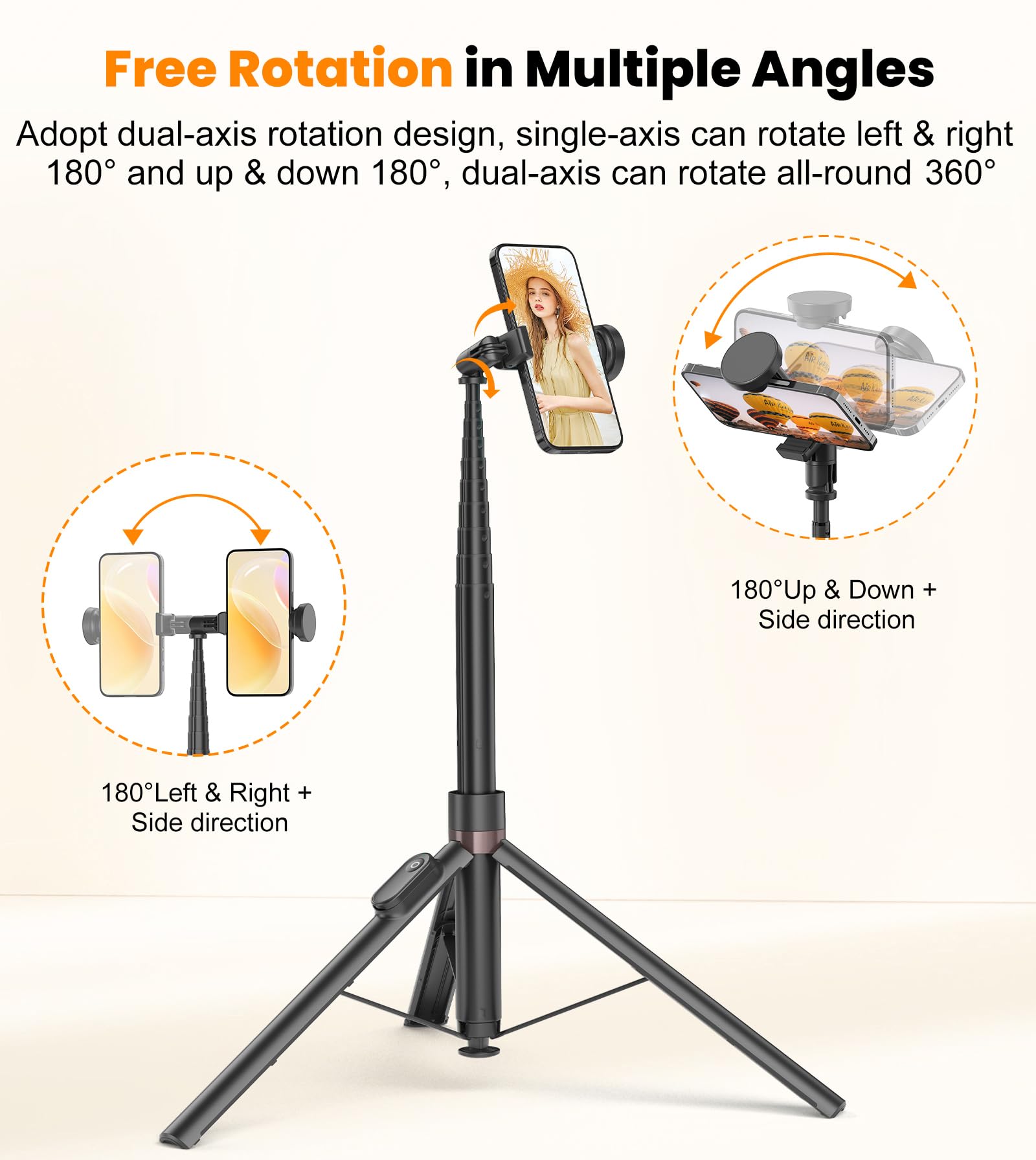 TONEOF 66" Automatic Phone Tripod with Magnetic Rechargable Remote,Selfie Stick 360° Vertical & Horizontal Rotatable,Stable for iPhone/Android(Black)