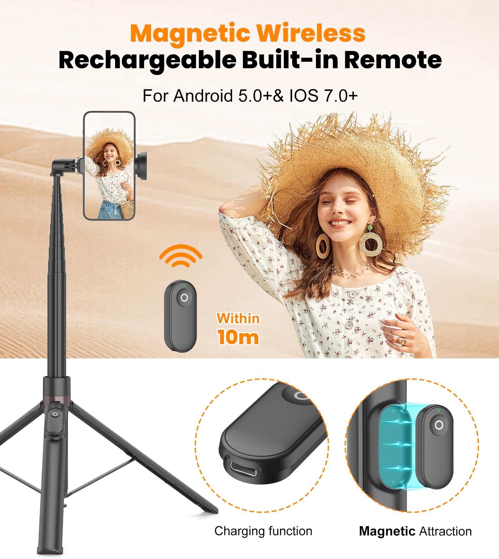 TONEOF 66" Automatic Phone Tripod with Magnetic Rechargable Remote,Selfie Stick 360° Vertical & Horizontal Rotatable,Stable for iPhone/Android(Black)