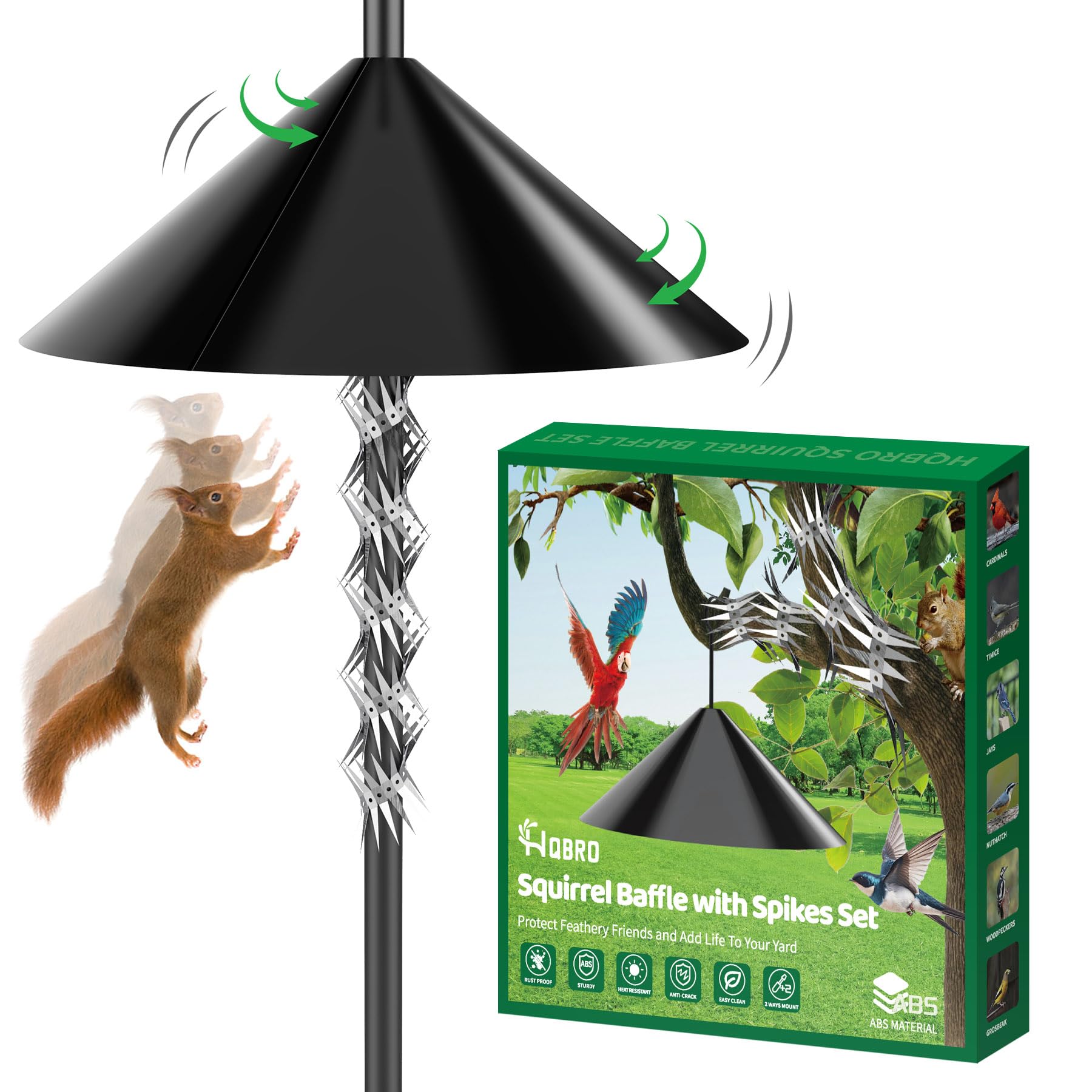 HQBRO 19 Inch 2 IN 1 Squirrel Baffle for Bird Feeder Pole Shepherd's Hook, Raccoons Buster Set with Spikes L 40", Bird House Guard for Outdoor Poles Mount & Hanging Cone,Rust Chew Proof Heavy Duty ABS
