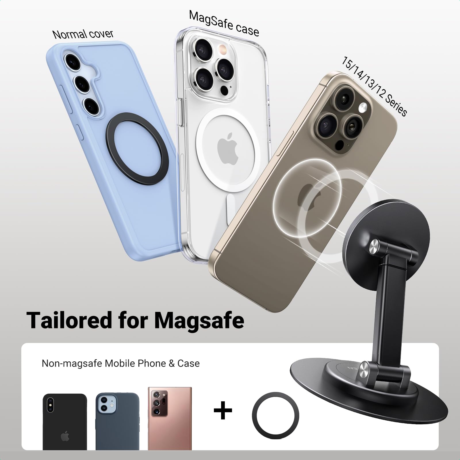 UGREEN Magnetic Phone Stand for MagSafe, Height Adjustable iPhone Stand for Desk with 360° Rotation Compatible for iPhone 16 15 Pro Max 14 Pro 13 12 and MagSafe Case, Black