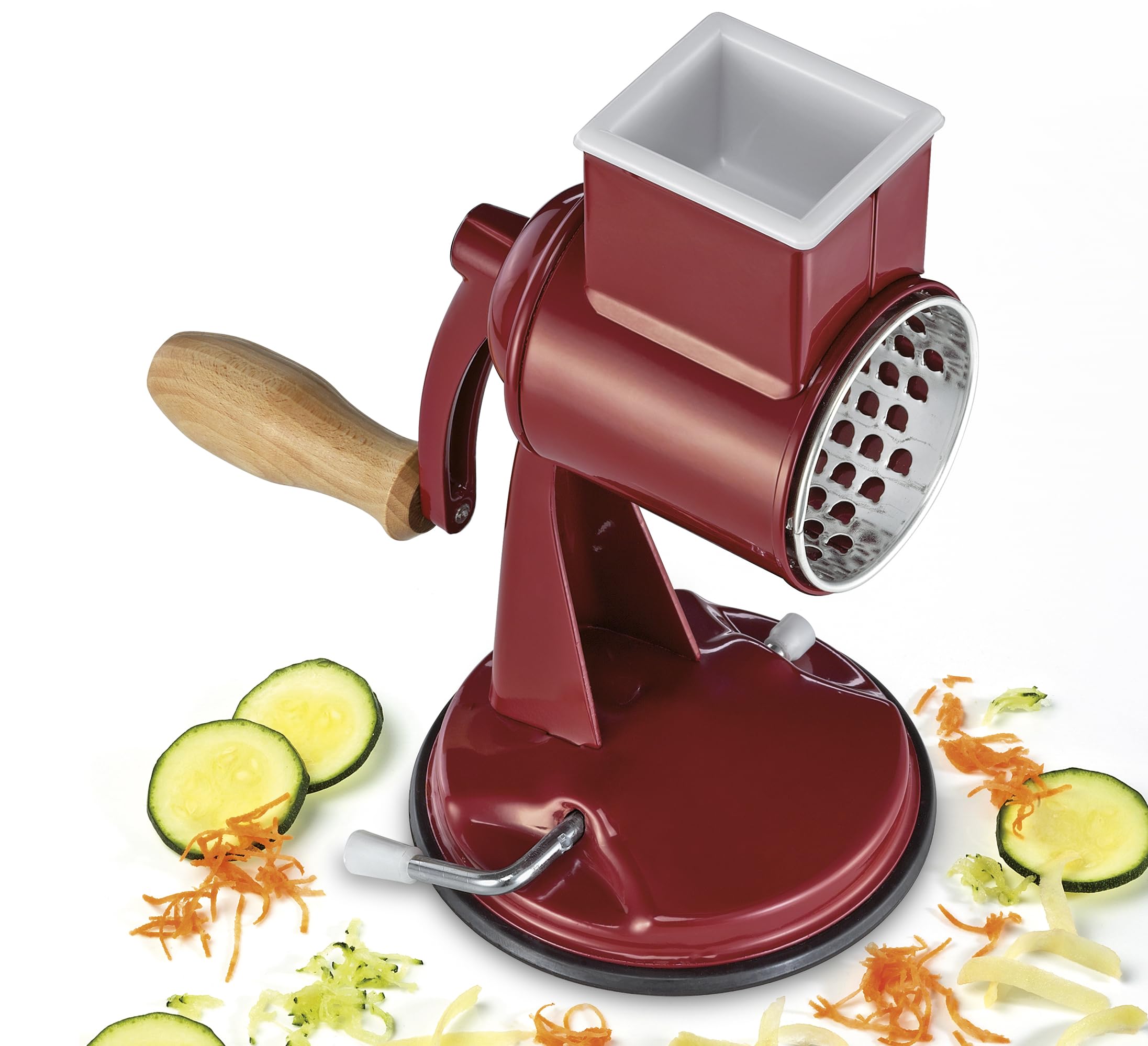 Zassenhaus Classic Drum Grater, Manual Kitchen Grater, Painted Metal, Beech Wood, Stainless Steel, Suction Base, 2 Grating Drums and Pestle, Can be Used as Vegetable Cutter, Cheese Grater and Slicer