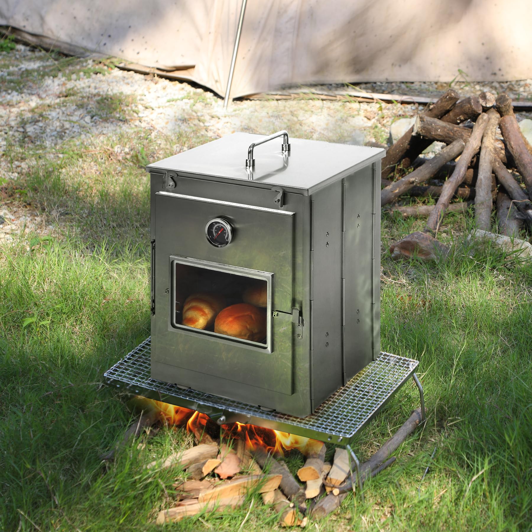 REDCAMP 16" H Foldable Camping Oven with Storage Handbag,Stainless Steel Portable Camping Stove for Baking Cinnamon Rolls, Breads and Muffins with Wood Burning Fire,Propane Stoves,Campers,Baking BBQ