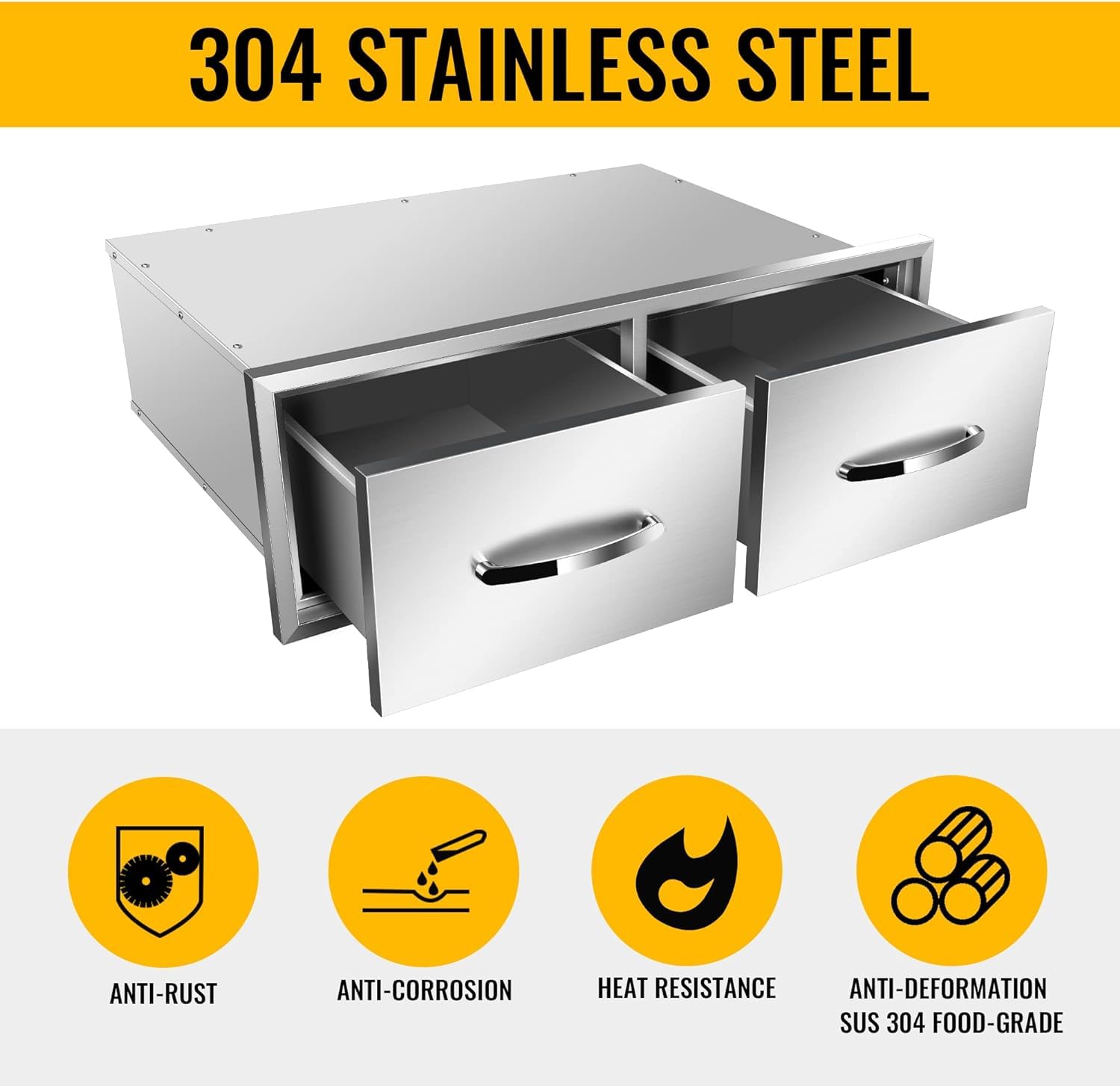 RAILEN Outdoor Kitchen Single Drawers 30" W x 10" H x 20" D Built-in BBQ Drawer Stainless Steel Access Drawers for Outdoor Kitchen Island or Grill Station
