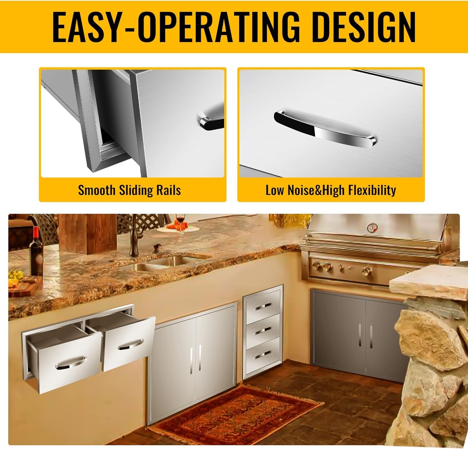 RAILEN Outdoor Kitchen Single Drawers 30" W x 10" H x 20" D Built-in BBQ Drawer Stainless Steel Access Drawers for Outdoor Kitchen Island or Grill Station