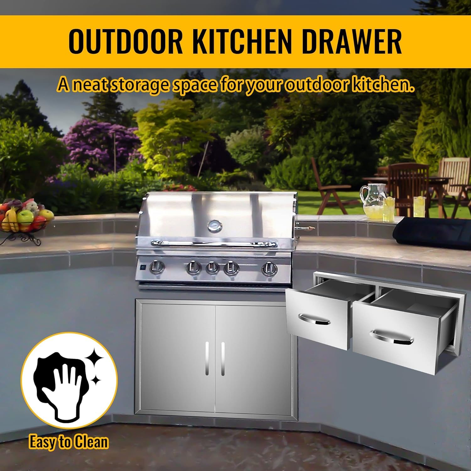 RAILEN Outdoor Kitchen Single Drawers 30" W x 10" H x 20" D Built-in BBQ Drawer Stainless Steel Access Drawers for Outdoor Kitchen Island or Grill Station