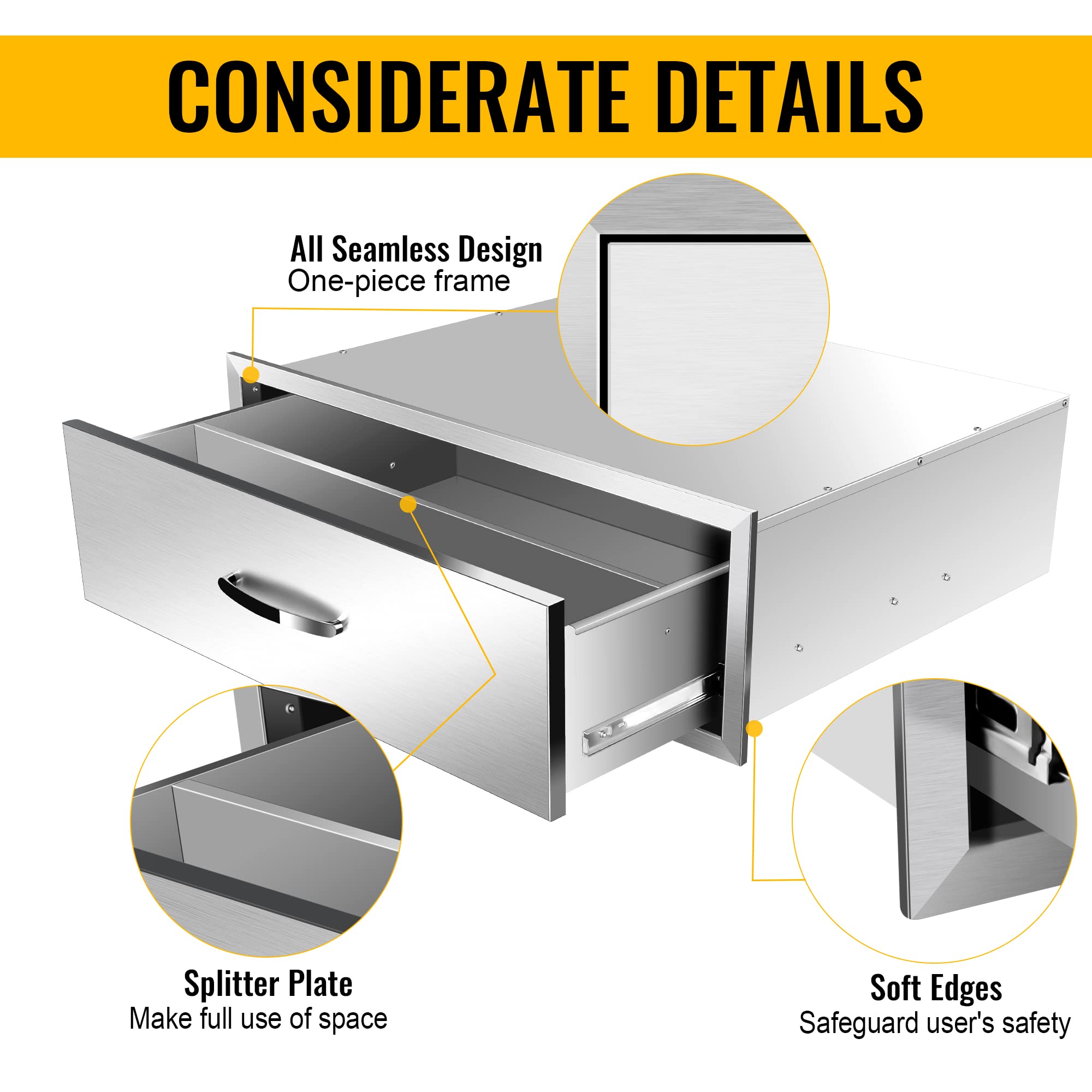 RAILEN Outdoor Kitchen Single Drawers 30" W x 10" H x 23" D Built-in BBQ Drawer Stainless Steel Access Drawers for Outdoor Kitchen Island or Grill Station