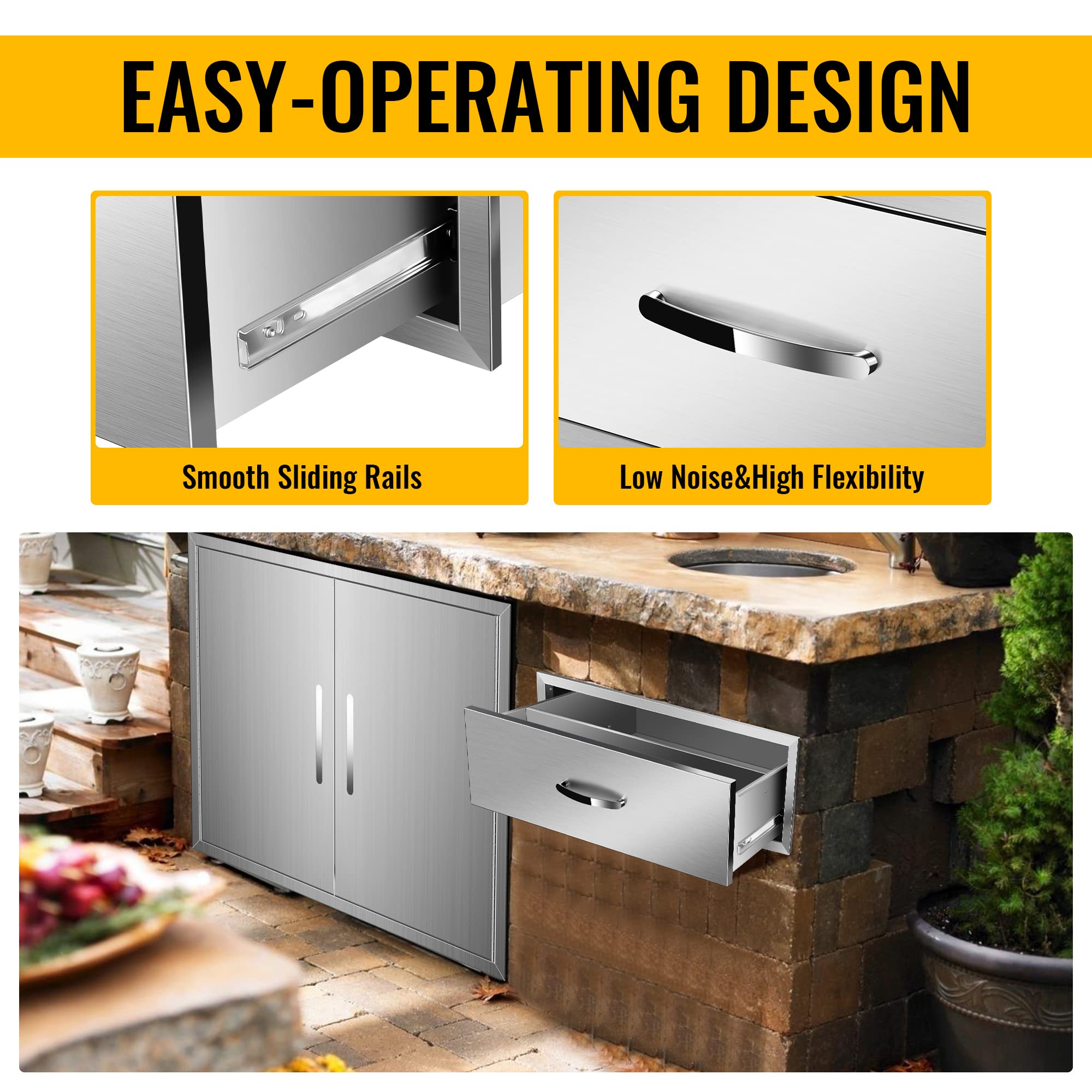 RAILEN Outdoor Kitchen Single Drawers 30" W x 10" H x 23" D Built-in BBQ Drawer Stainless Steel Access Drawers for Outdoor Kitchen Island or Grill Station