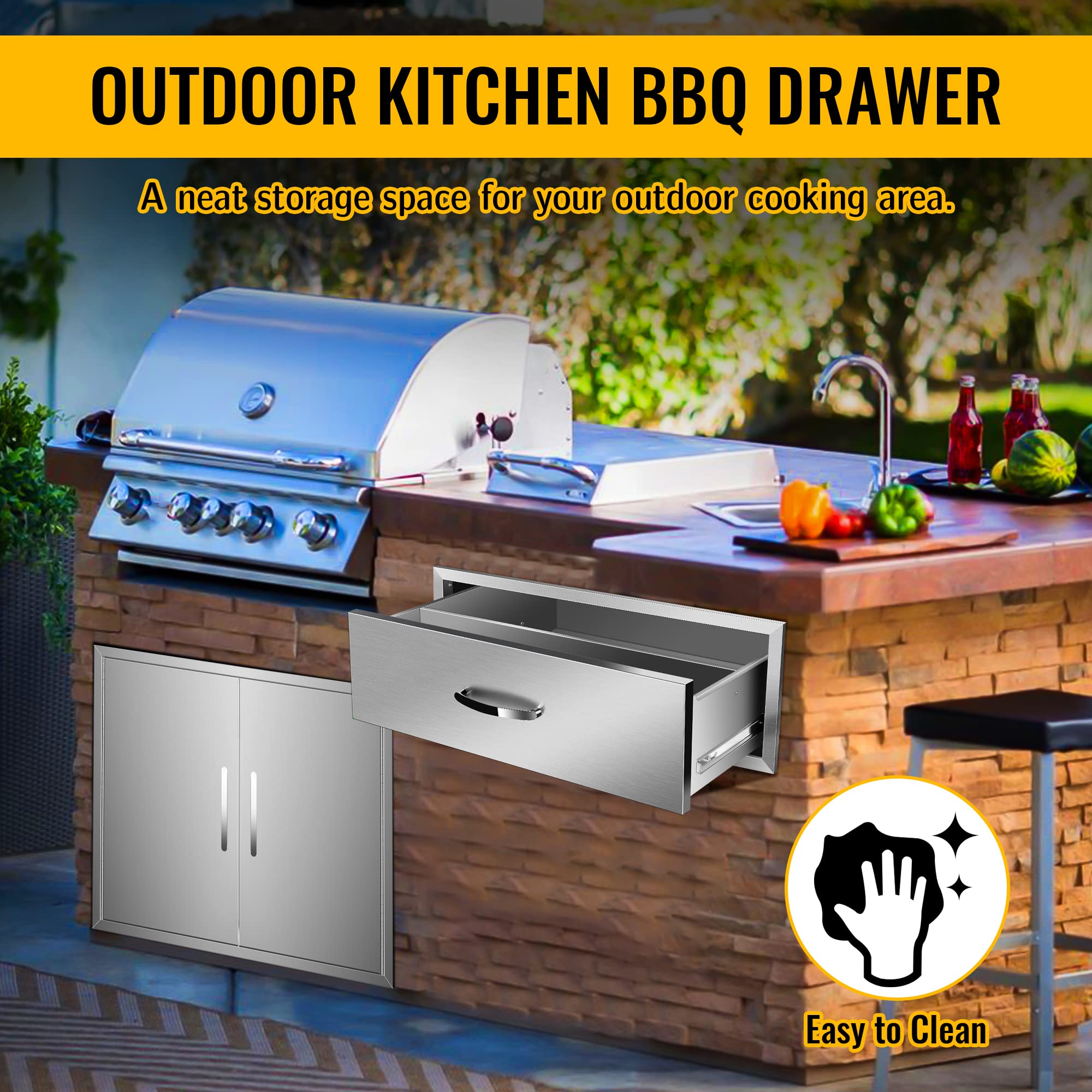 RAILEN Outdoor Kitchen Single Drawers 30" W x 10" H x 23" D Built-in BBQ Drawer Stainless Steel Access Drawers for Outdoor Kitchen Island or Grill Station