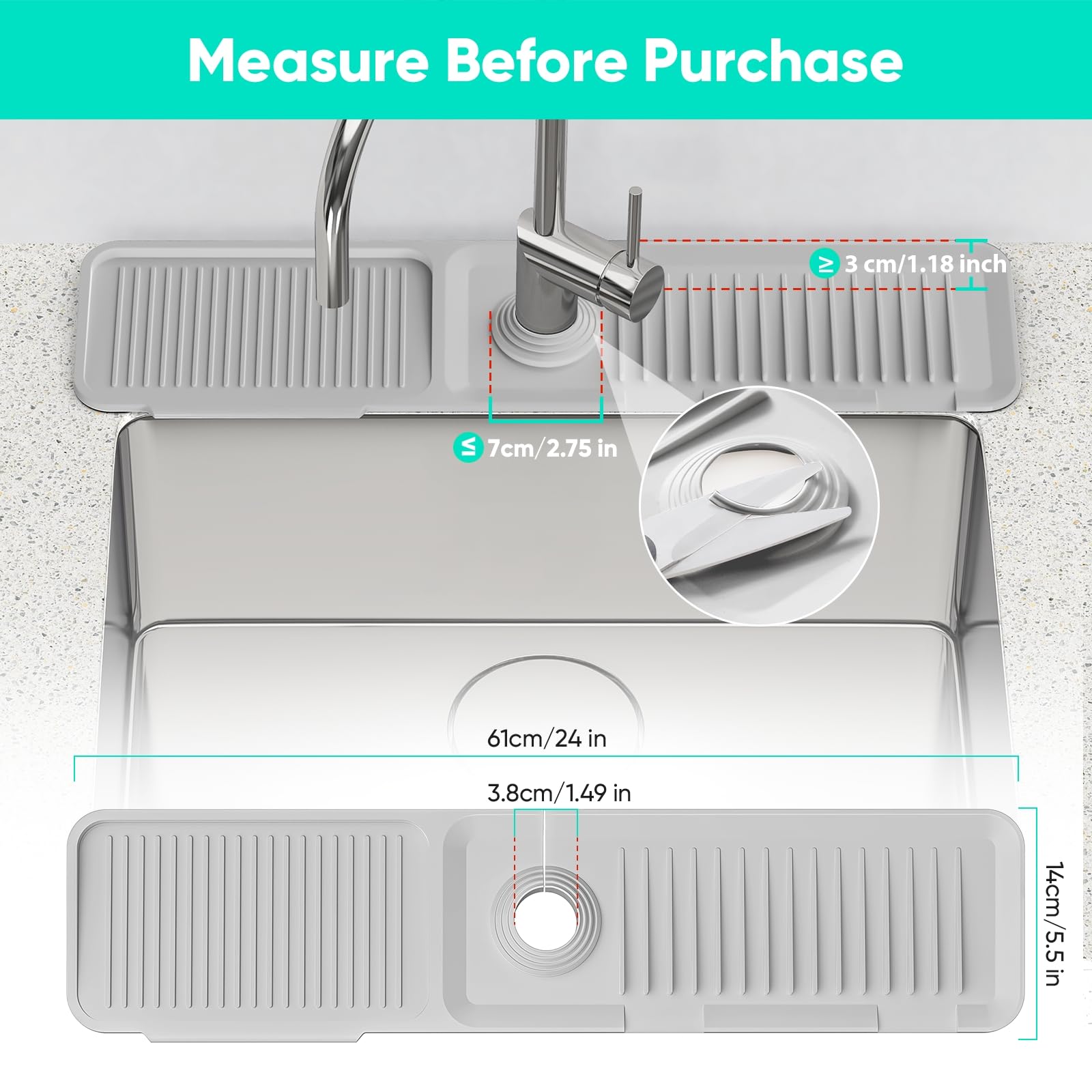24 Inch Longer Faucet Mat for Kitchen Sink [5°Slope Fast Self-draining]Bathroom Kitchen Sink Splash Guard Silicone Sink Faucet Mat Splash Guard Kitchen Sink Area Tidy Splash Faucet Guard Draining Mat