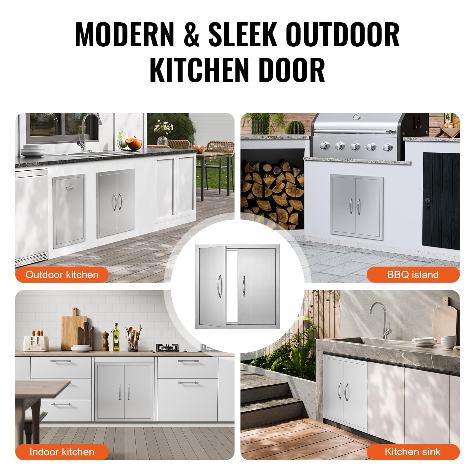 VEVOR BBQ Access Double Door, 24W x 24H Inch Outdoor Kitchen, Stainless Steel Flush Mount, Double Wall Vertical With Handles and Hooks, for BBQ Island, Grilling Station, Outside Cabinet