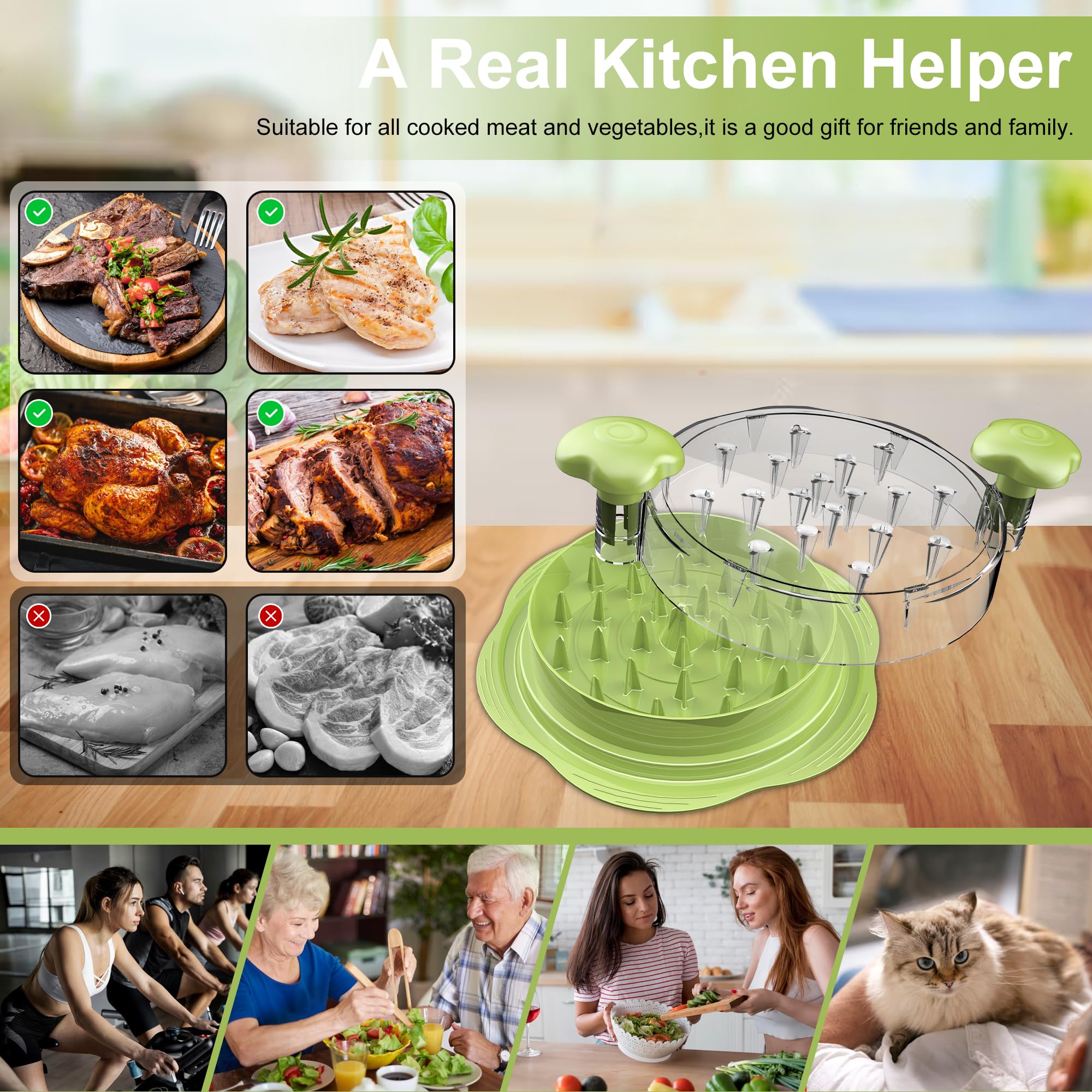 SURETIVIAN Chicken Shredder Large Chicken Breast Shredder Tool Twist with Brush&Fork, Visible Meat Shredder Machine, Anti-Slip Strip, Ergonomic Handle, BPA Free, Pork Beef Chicken(Matcha)