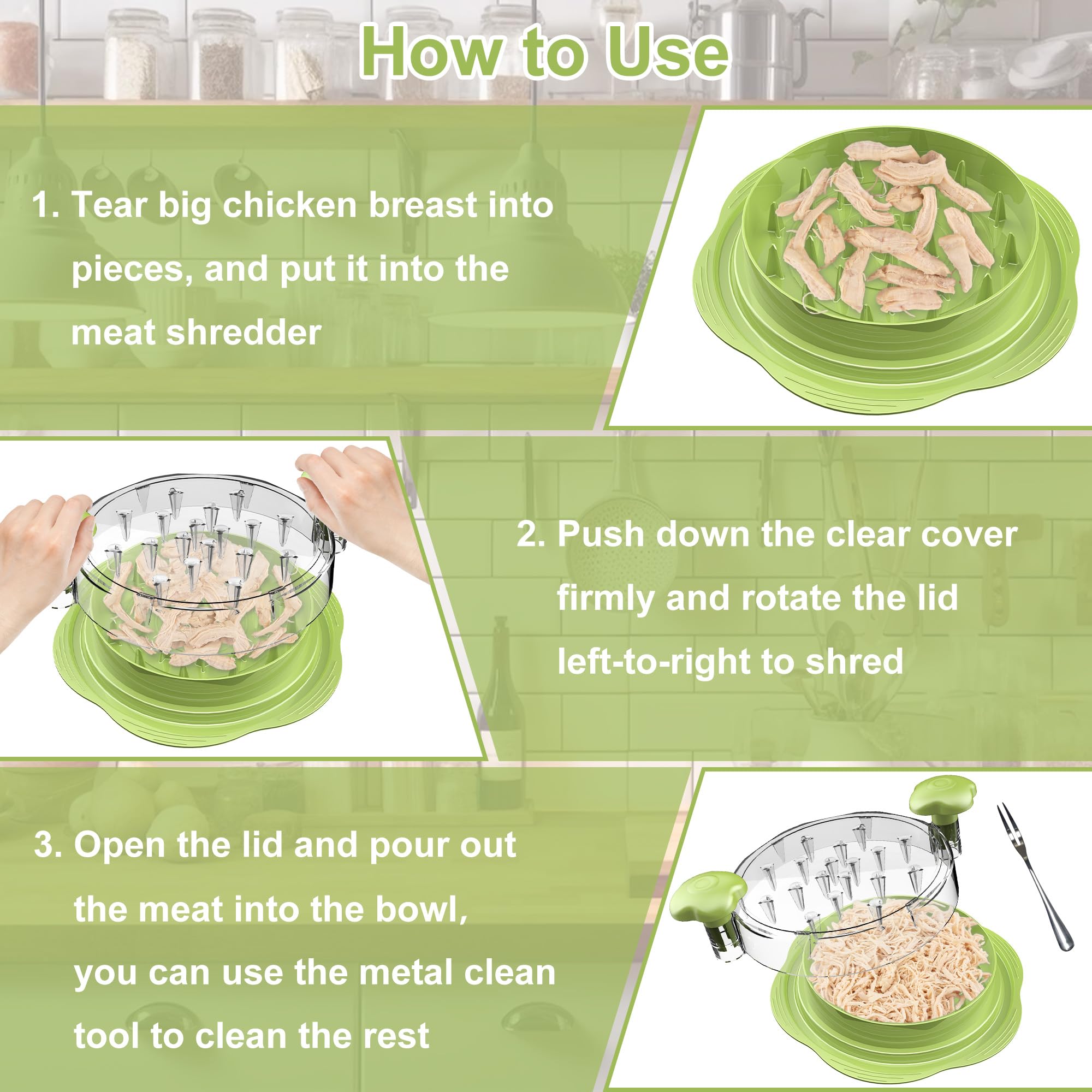 SURETIVIAN Chicken Shredder Large Chicken Breast Shredder Tool Twist with Brush&Fork, Visible Meat Shredder Machine, Anti-Slip Strip, Ergonomic Handle, BPA Free, Pork Beef Chicken(Matcha)