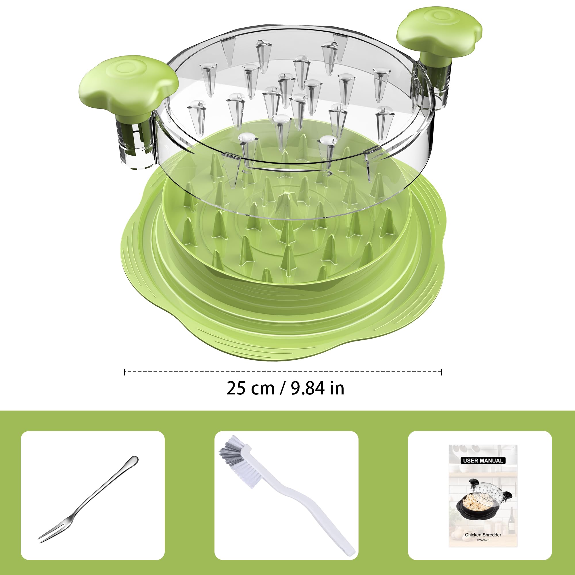 SURETIVIAN Chicken Shredder Large Chicken Breast Shredder Tool Twist with Brush&Fork, Visible Meat Shredder Machine, Anti-Slip Strip, Ergonomic Handle, BPA Free, Pork Beef Chicken(Matcha)