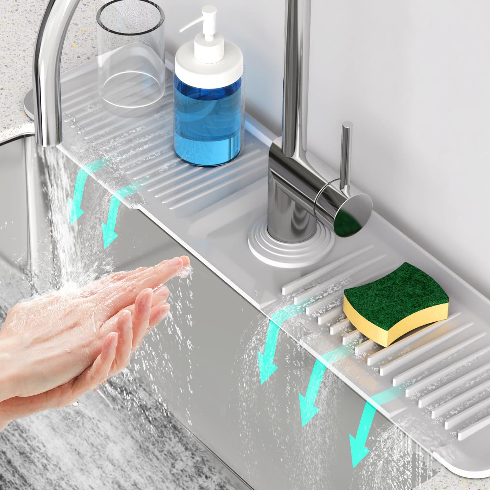 24 Inch Longer Faucet Mat for Kitchen Sink [5°Slope Fast Self-draining]Bathroom Kitchen Sink Splash Guard Silicone Sink Faucet Mat Splash Guard Kitchen Sink Area Tidy Splash Faucet Guard Draining Mat