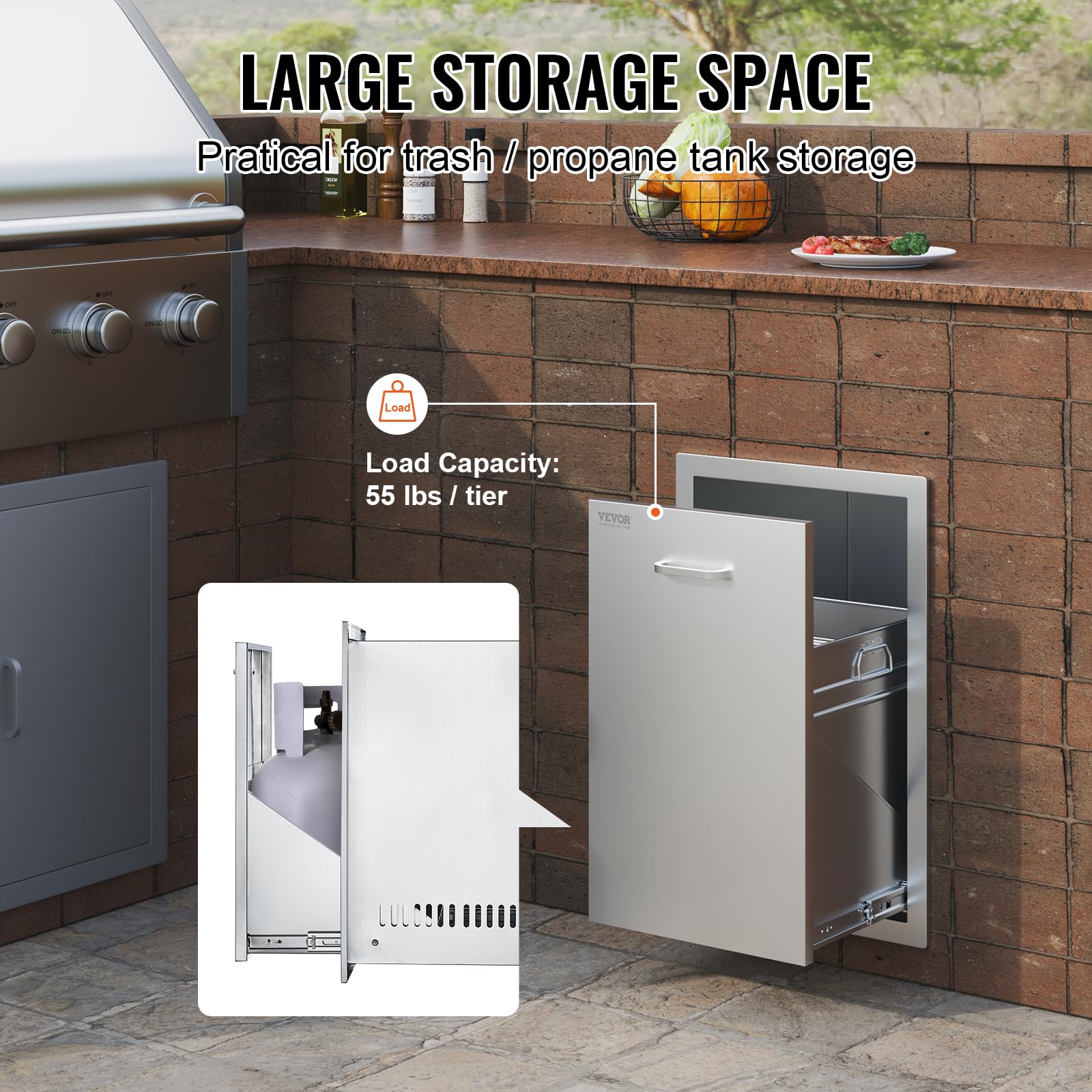 VEVOR Outdoor Kitchen Trash Drawer 16Wx22Hx16 D, Propane Tank Drawer, Stainless Steel Pull Out Trash Drawer with Handle, Outdoor Kitchen Cabinets Trash Can Pull Out, Outdoor BBQ Island Trash Bin