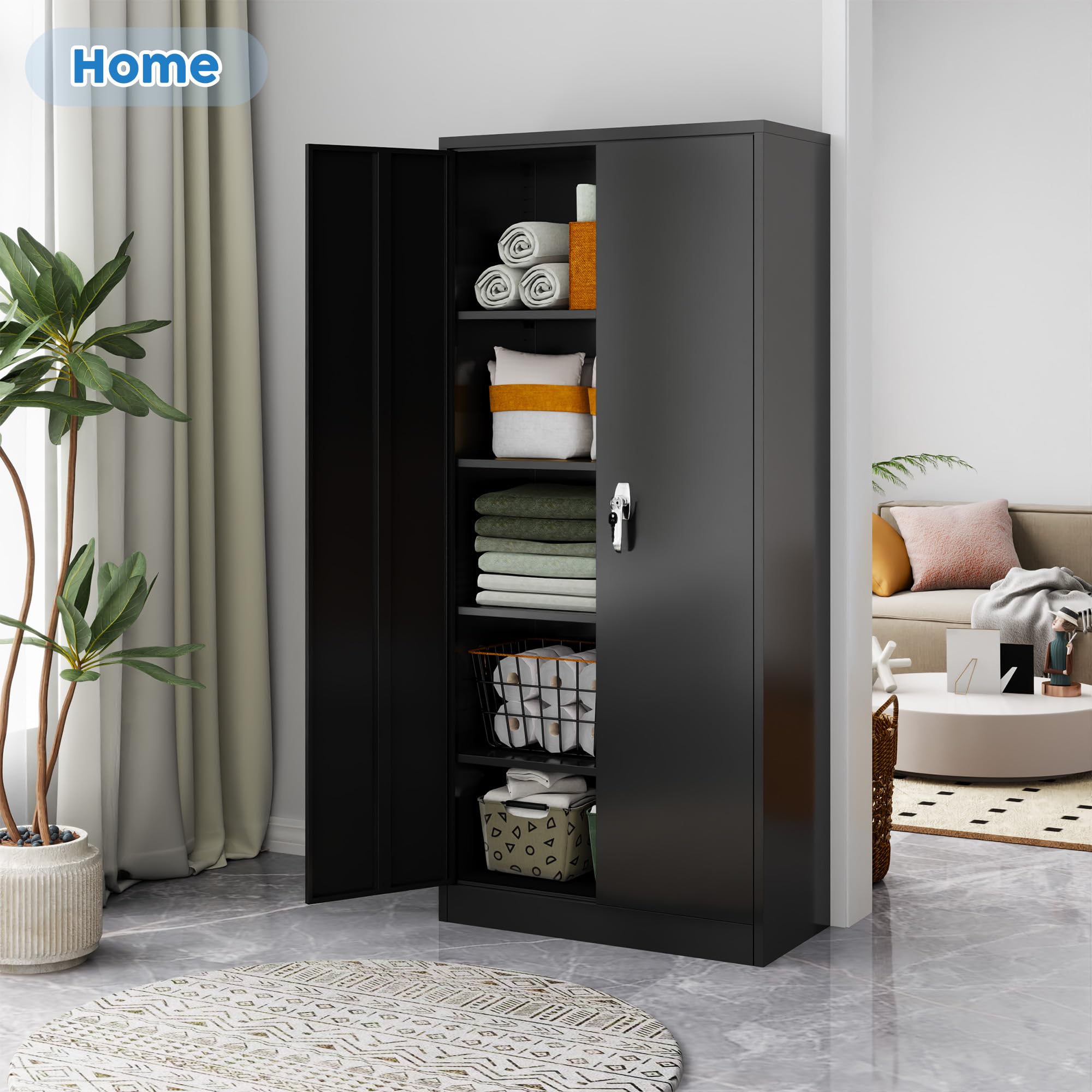 Metal Garage Cabinet,Storage Cabinet with 2 Doors and 4 Adjustable Shelves,71”Steel Lockable File Cabine,Tool Cabinets for Office,Home,Garage,Gym,School(Black) Assembly Required.