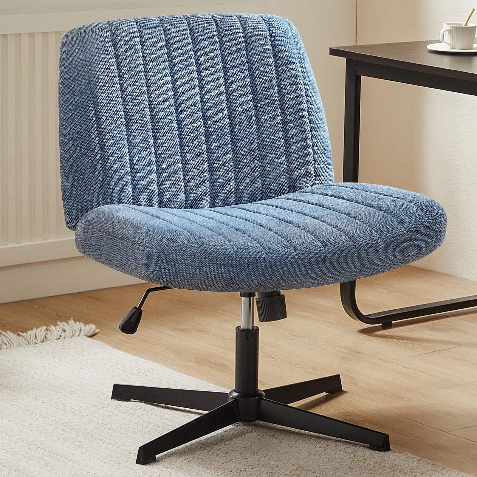 Sweetcrispy Criss Cross Chair Legged, Armless Office Desk Chair No Wheels, Swivel Vanity Chair, Height Adjustable Wide Seat Computer Task Chair, Fabric Vanity Modern Home Chair Blue