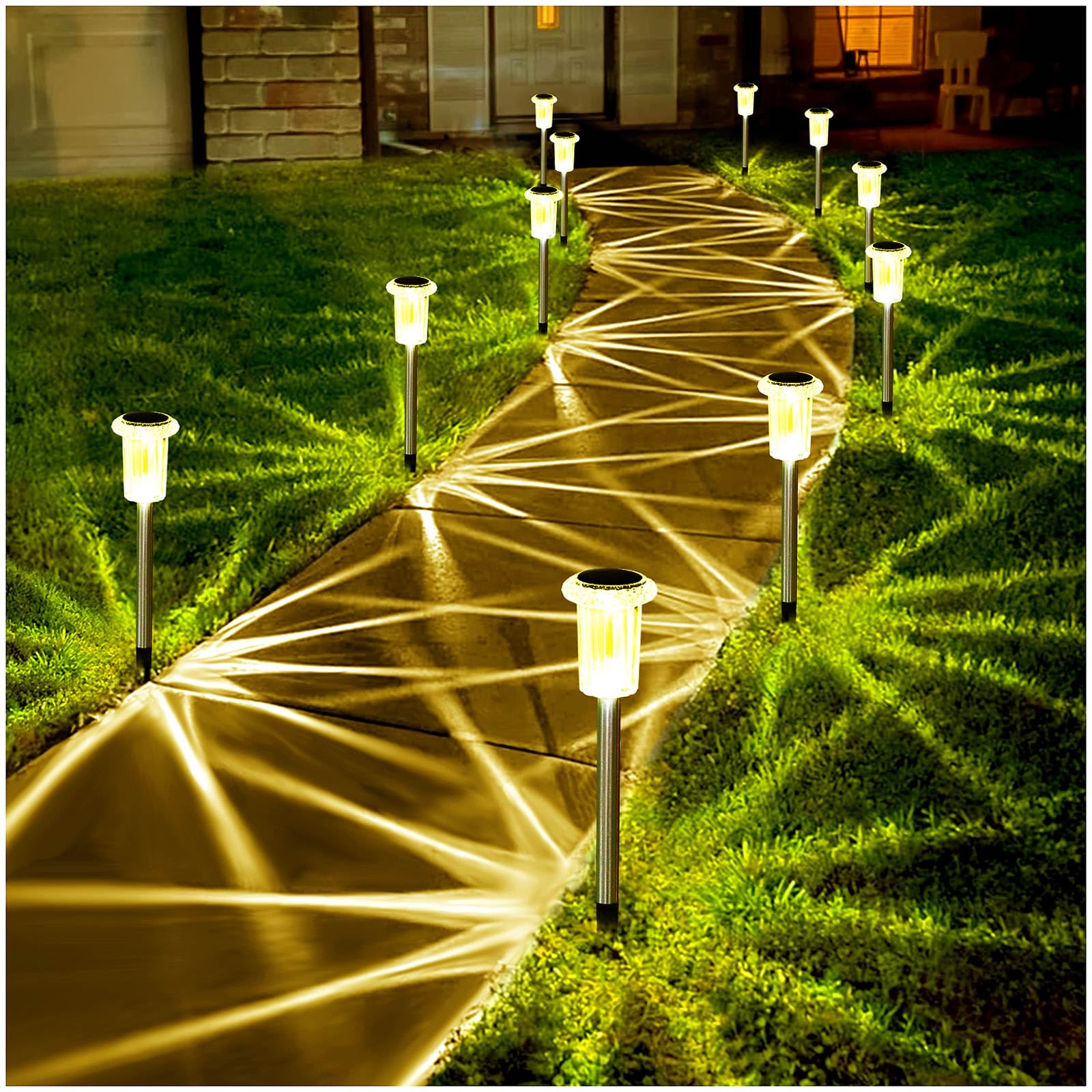 Gorrzai Solar Lights Outdoor 15 Pack Solar Pathway Lights LED Waterproof Stainless Steel Garden Stake for Yard, Outside, Walkway, Sidewalk, Driveway, Lawn (Warm White)