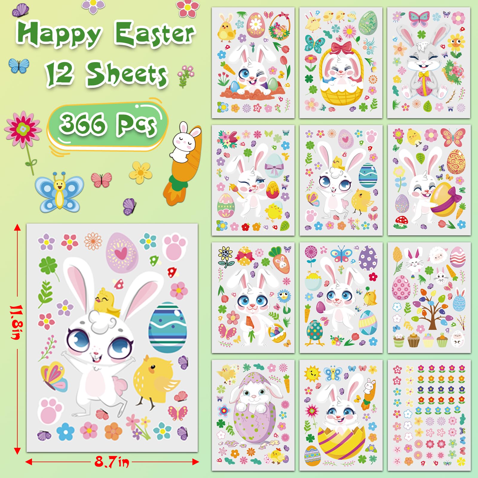 AOWDIAO 12 Sheets Easter Window Clings - 366 Reusable Double-Sided Static Window Stickers - Holiday Home Easter Decorations for Glass Windows, Classroom, Office - Large 12x9 Inch Easter Decals