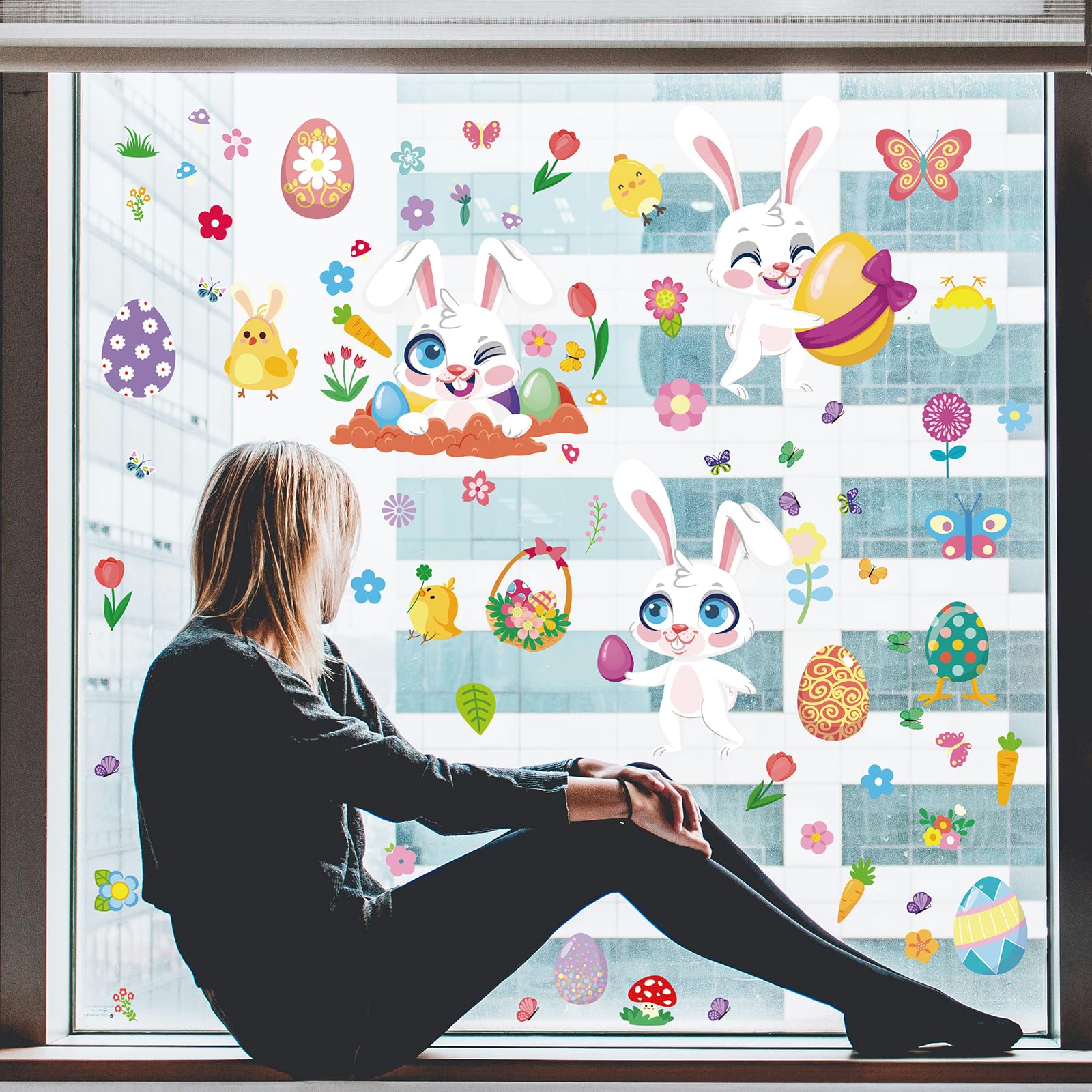 AOWDIAO 12 Sheets Easter Window Clings - 366 Reusable Double-Sided Static Window Stickers - Holiday Home Easter Decorations for Glass Windows, Classroom, Office - Large 12x9 Inch Easter Decals