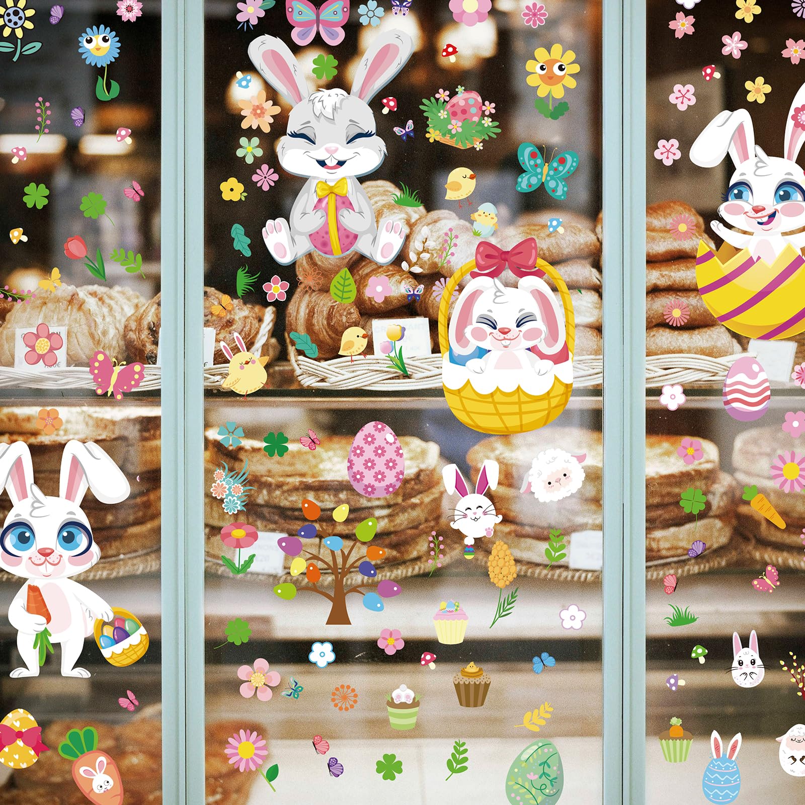 AOWDIAO 12 Sheets Easter Window Clings - 366 Reusable Double-Sided Static Window Stickers - Holiday Home Easter Decorations for Glass Windows, Classroom, Office - Large 12x9 Inch Easter Decals