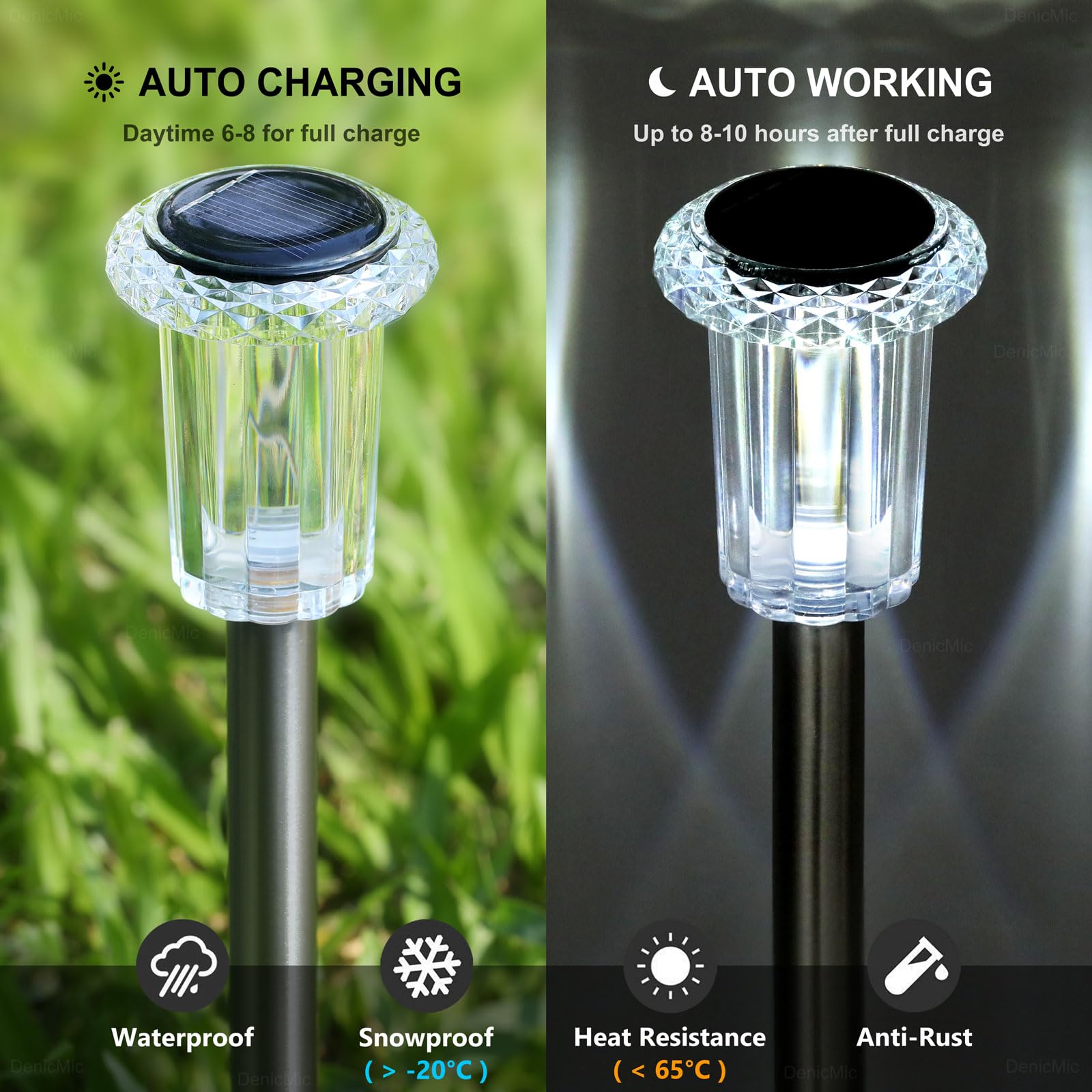 DenicMic Solar Lights Outdoor Pathway Lights 6000K LED Waterproof Acrylic Lamp Head Stainless Steel Stake for Yard Garden Landscape Path Walkway Driveway Patio Lawn (15Pack Cold White)