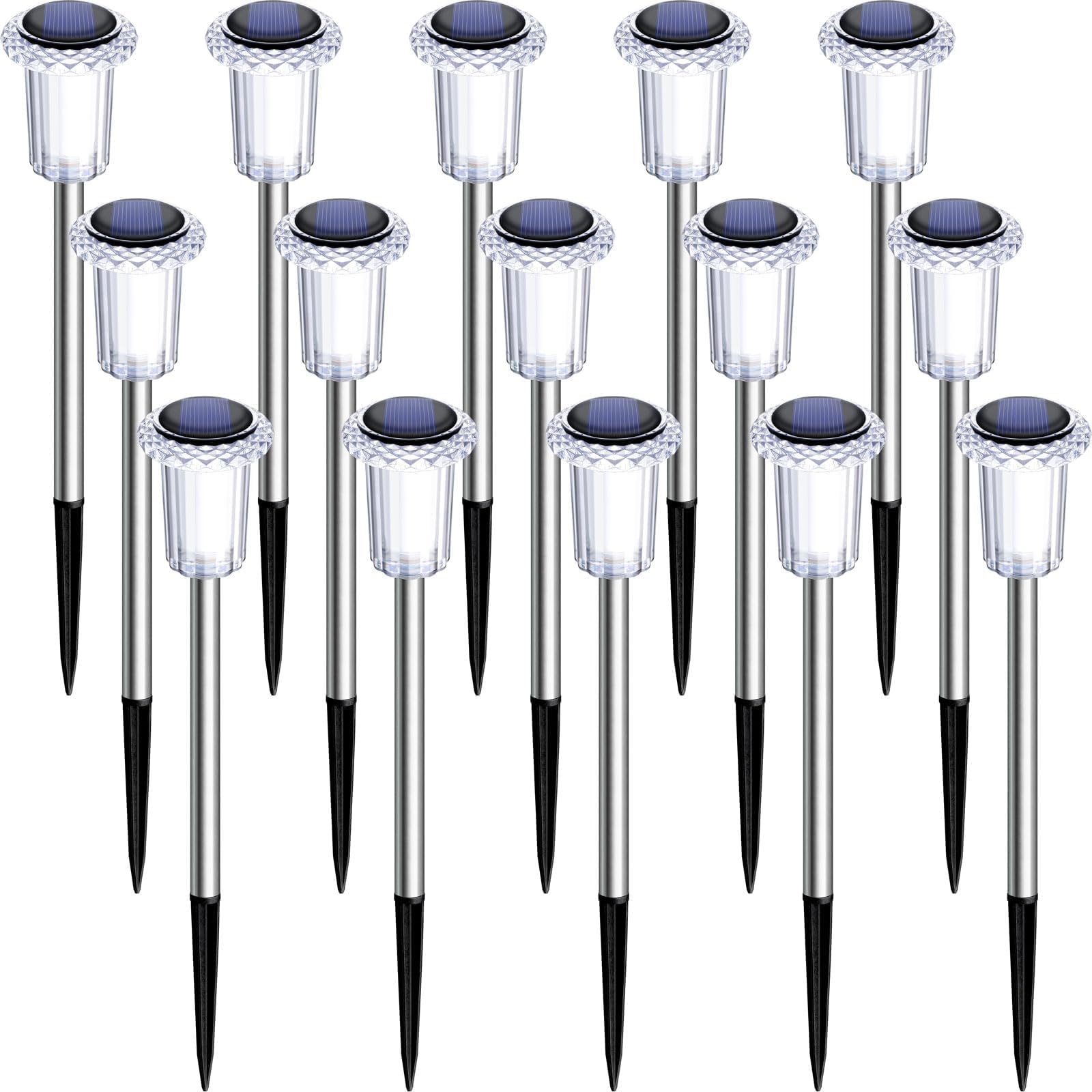DenicMic Solar Lights Outdoor Pathway Lights 6000K LED Waterproof Acrylic Lamp Head Stainless Steel Stake for Yard Garden Landscape Path Walkway Driveway Patio Lawn (15Pack Cold White)