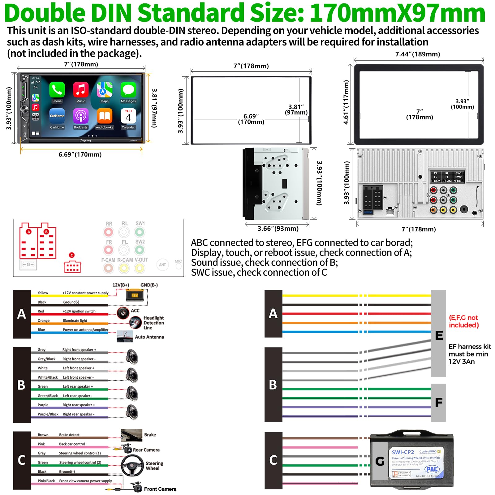 [QLED Screen Upgrade] Double Din Car Stereo with Dash Cam, Wireless Apple CarPlay and Android Auto, Bluetooth 5.3, 4.2-Channel Audio Output, MirrorLink, Backup Camera, AM/FM Car Radio