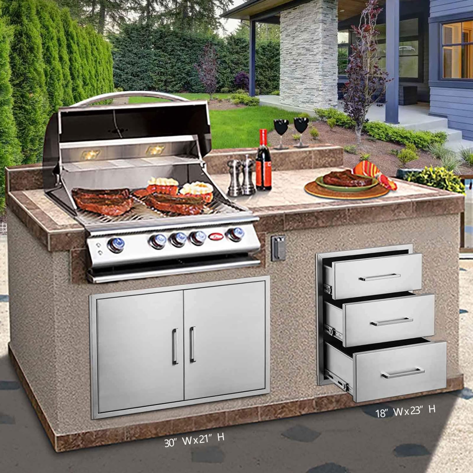 Outdoor Kitchen Drawer Stainless Steel 3-Drawer, BBQ Island Built-in Drawer Weatherproof, Flush Mount for Outdoor Kitchen and Grill Station (17"W*30"H*21“D)