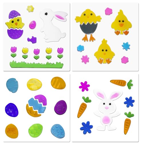 4Pcs Easter Window Clings for Glass Windows, Easter Decorative Gel Window Clings for Kids, Colorful Printed Easter Stickers with Bunny Carrot Egg Chick Flowers Clear Stickers, Removable Holiday Decals