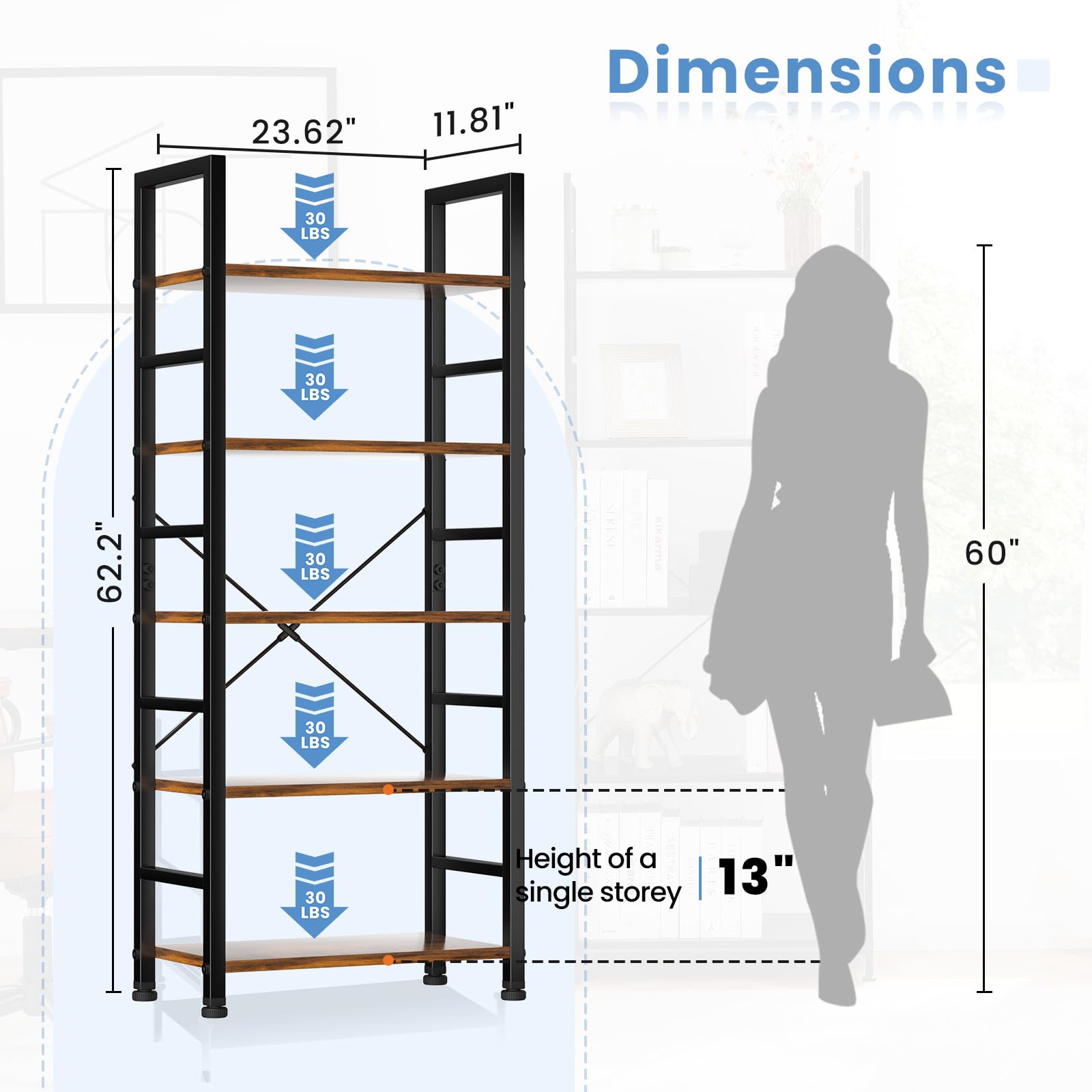 DUMOS 5 Tiers Bookshelf, Classical Modern Book Shelf, Tall Display Shelves in Living Room/Home/Office, Storage Organizer for CDs/Books/Movies, Rustic Brown